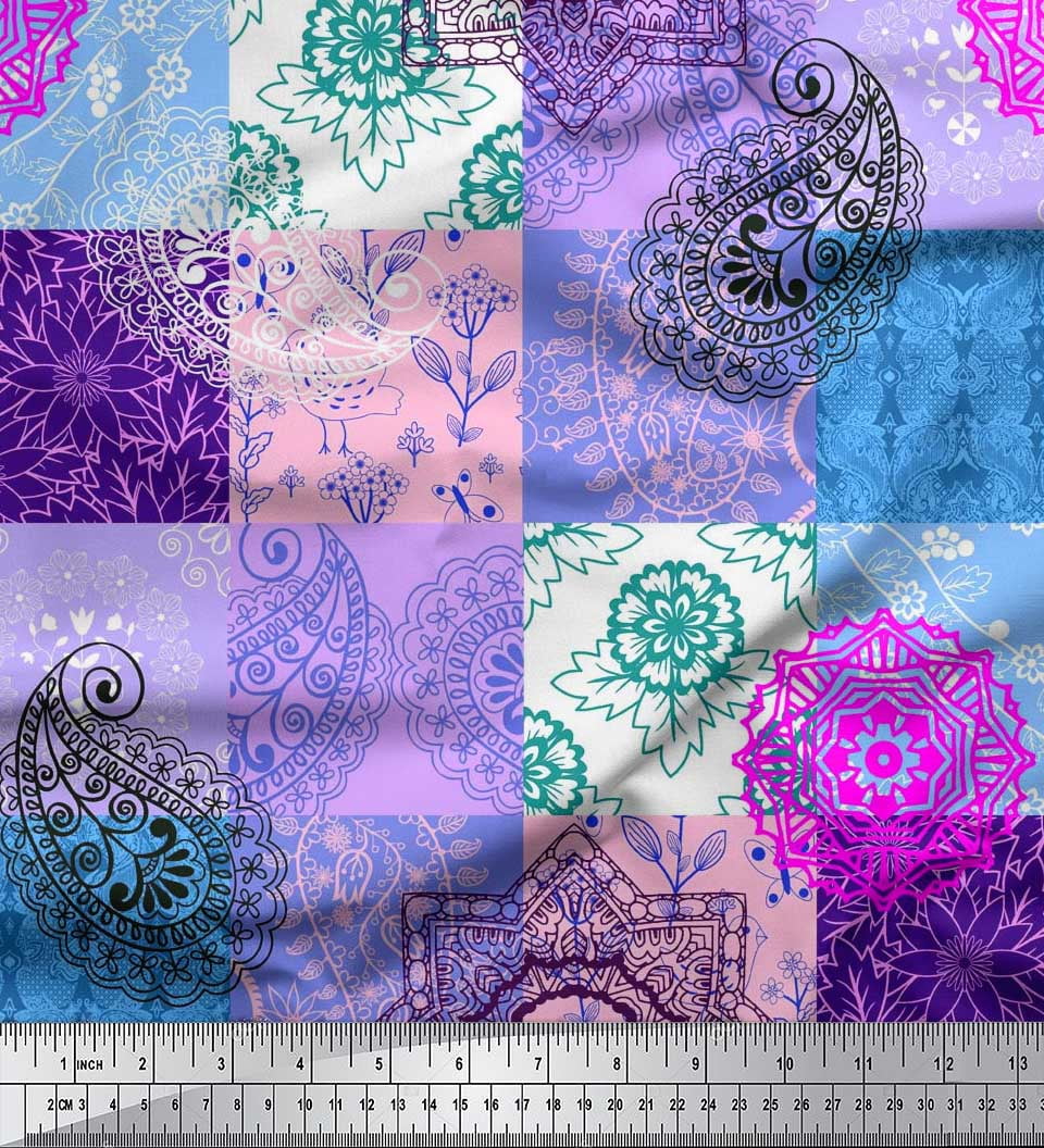 Soimoi Japan Crepe Satin Fabric Mandala & Paisley Patchwork Print Fabric by Yard 42 Inch Wide ...