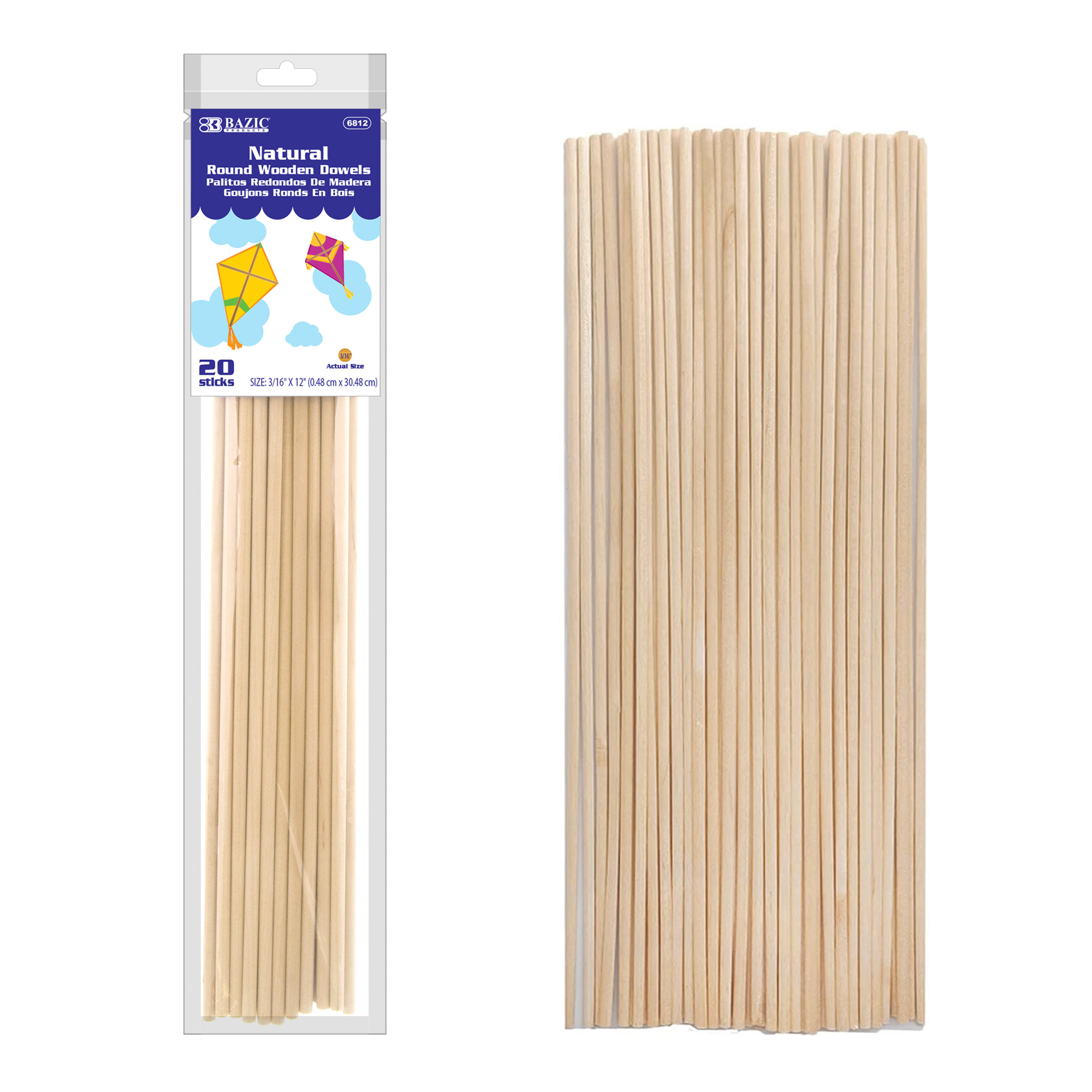 BAZIC Wooden Dowel Rods Wood Sticks, 3/16"x12" Natural Hardwood Stick ...
