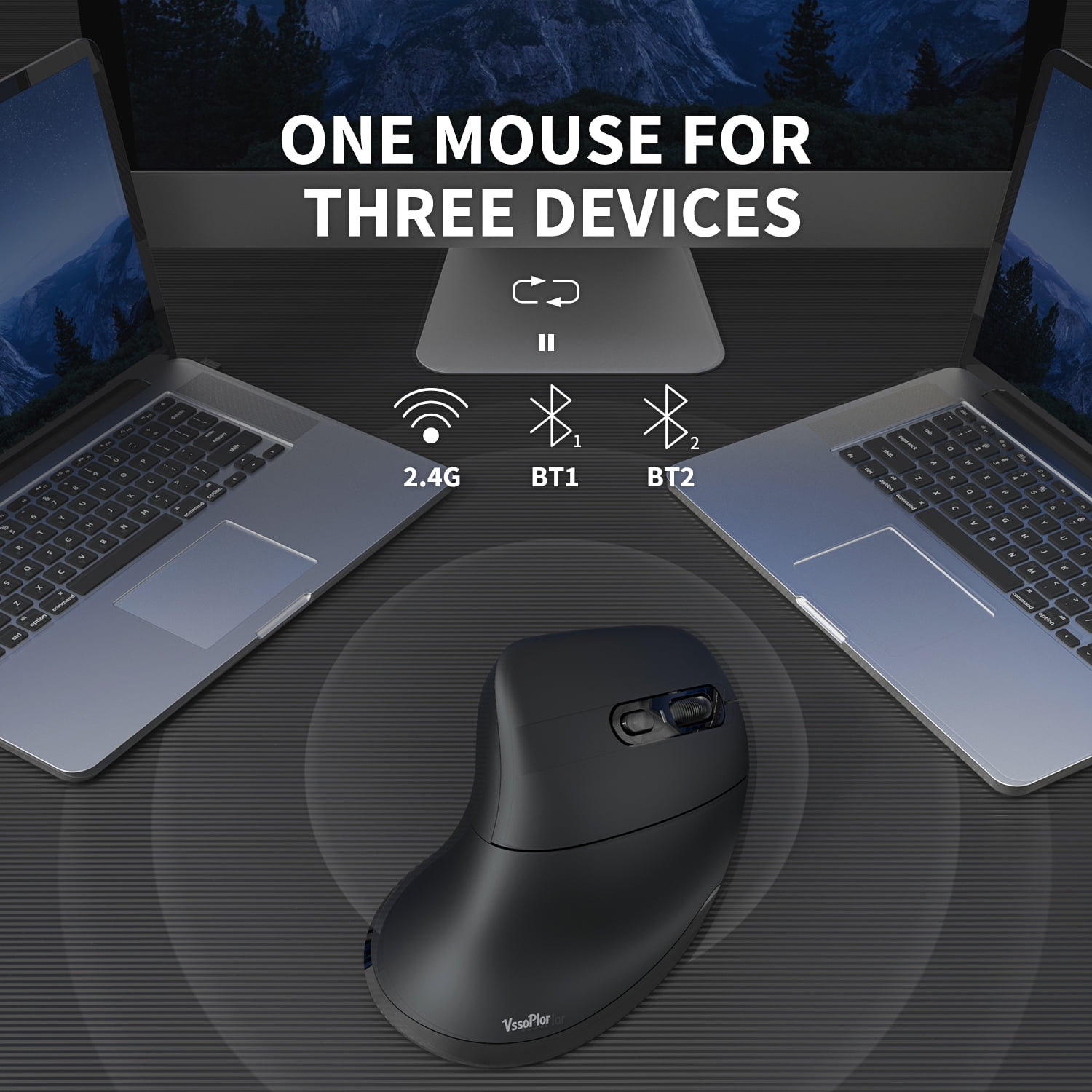 Buy Bluetooth Ergonomic Mouse, VIVE COMB BT1+BT2+2.4G Wireless Vertical Optical Mouse, 1000 ...