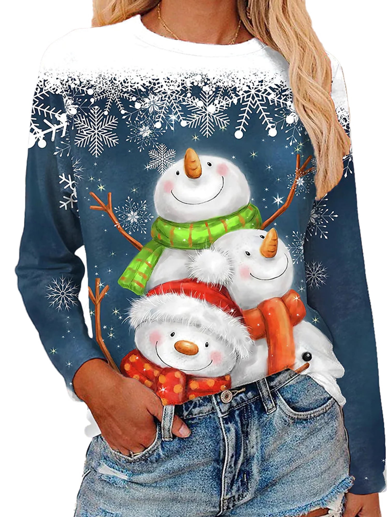 JustVH Women's XMAS Printed Round Neck Long Sleeve Fall Pullover, XL ...