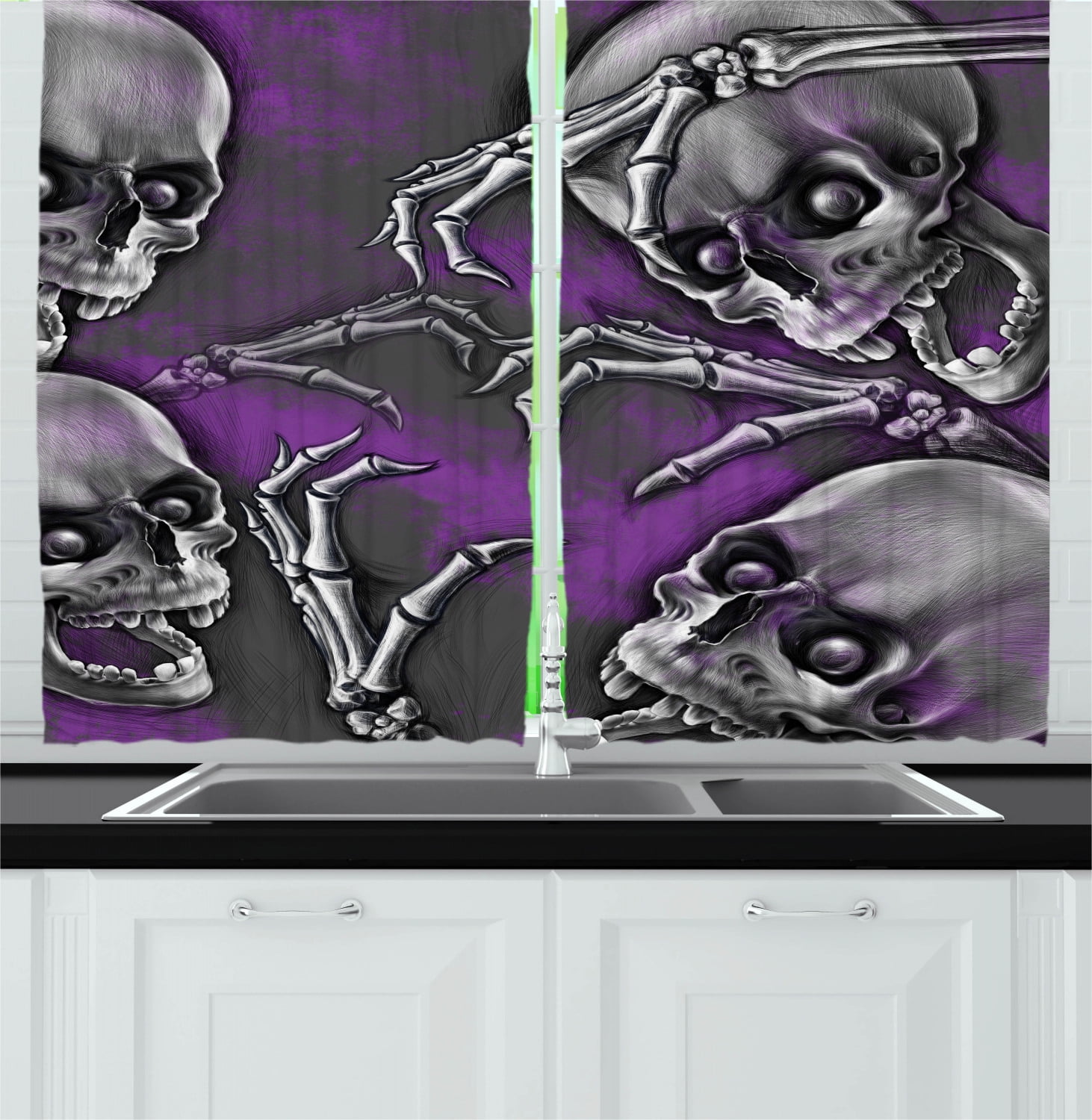Skull Curtains 2 Panels Set, Scary Creepy Spooky Happy Smiling Skeleton ...