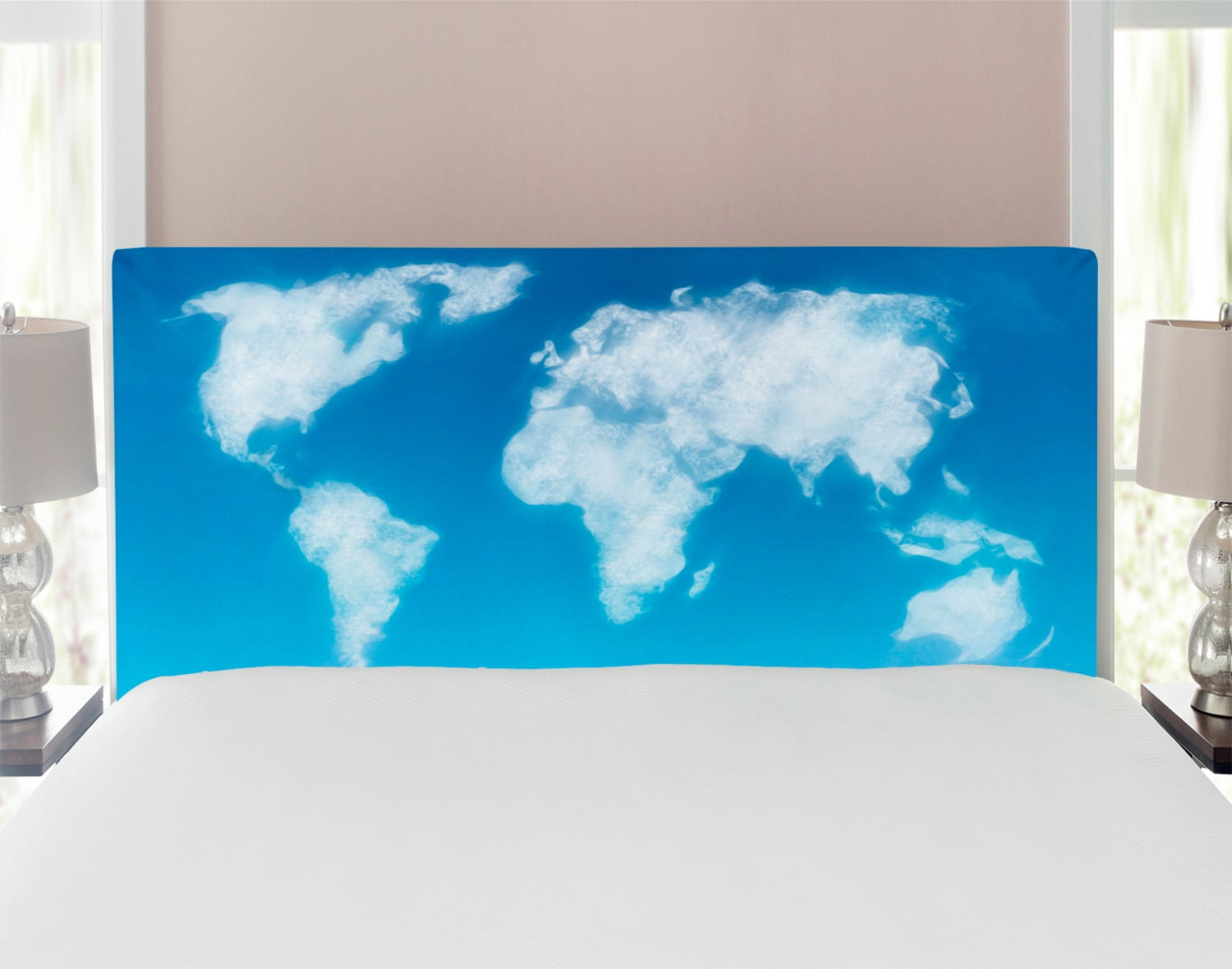 World Map Headboard, Graphic Design of Shaped Clouds in the Sky with ...