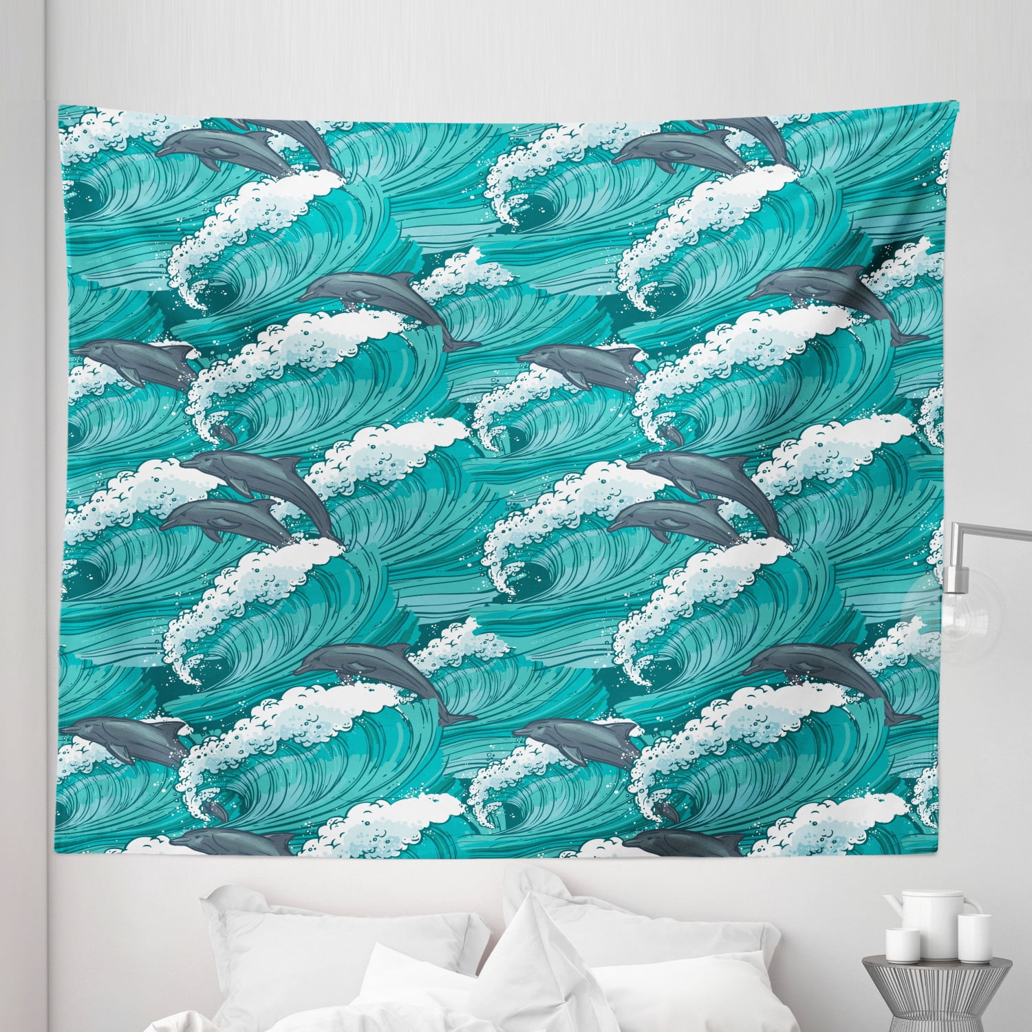Ocean Tapestry, Wavy Ocean with Dolphins Windy Surfing Doodle Style Art ...