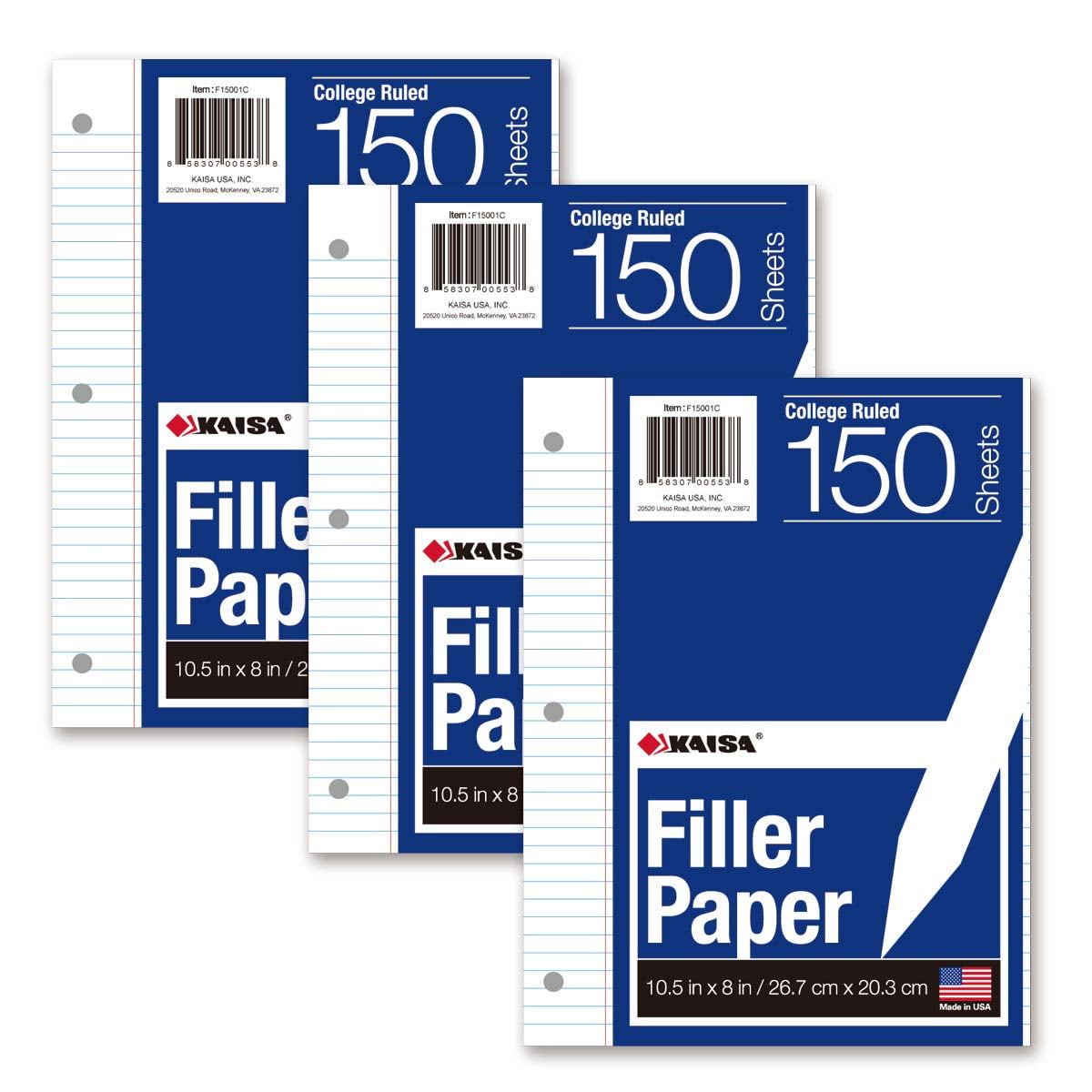 Kaisa Loose Leaf Paper Filler Paper 8 x10.5inch,College Ruled, 3-Hole ...