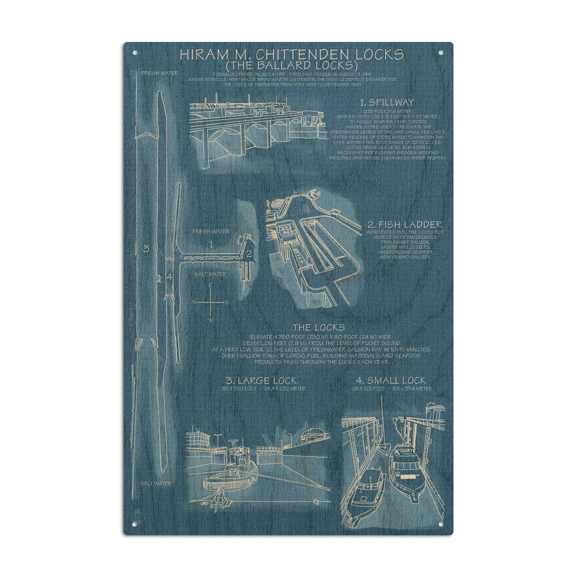 Seattle, Washington, Ballard Locks Technical (Blueprint Version) Birch ...