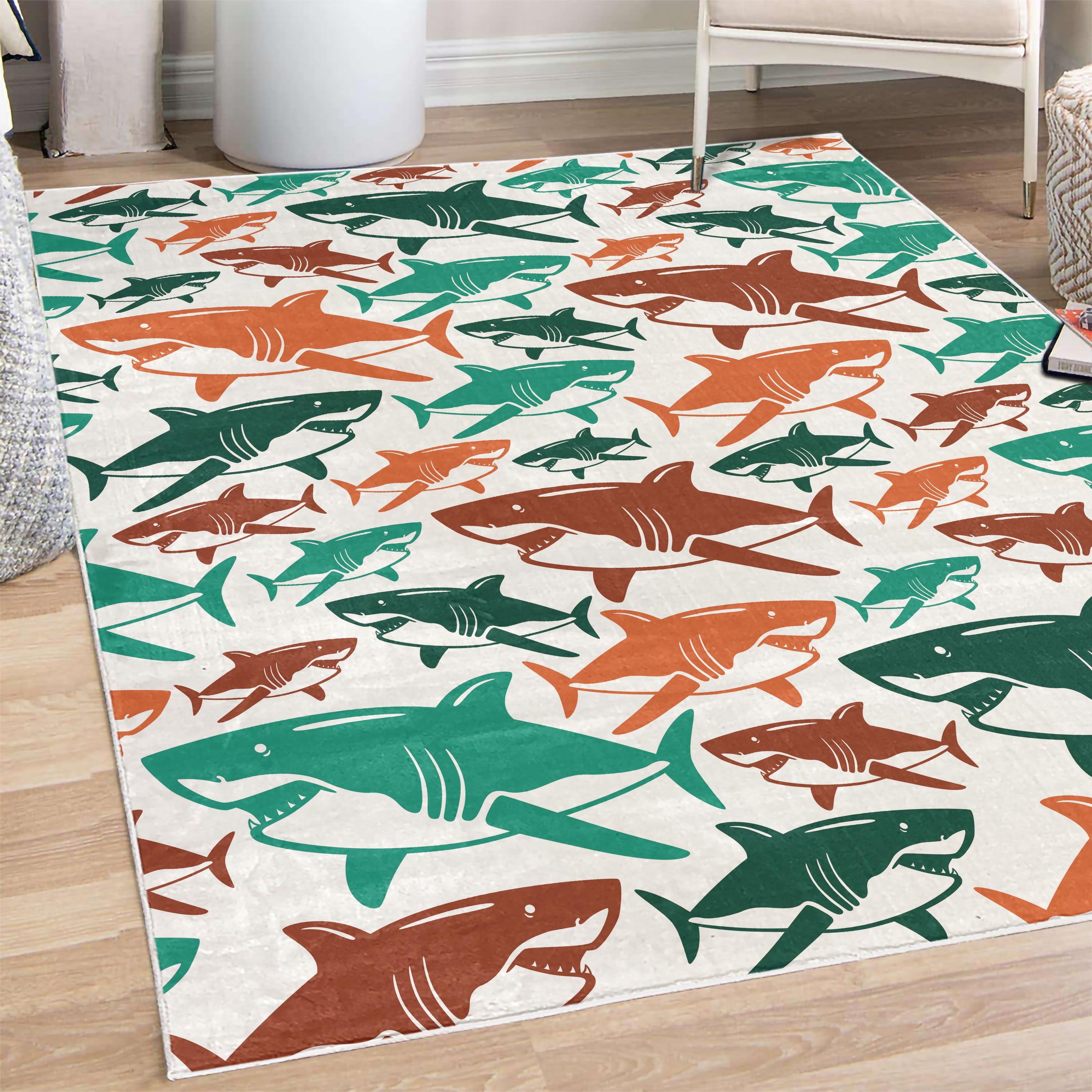Shark Decorative Rug, Colorful Underwater Fish Pattern Masters Survival ...