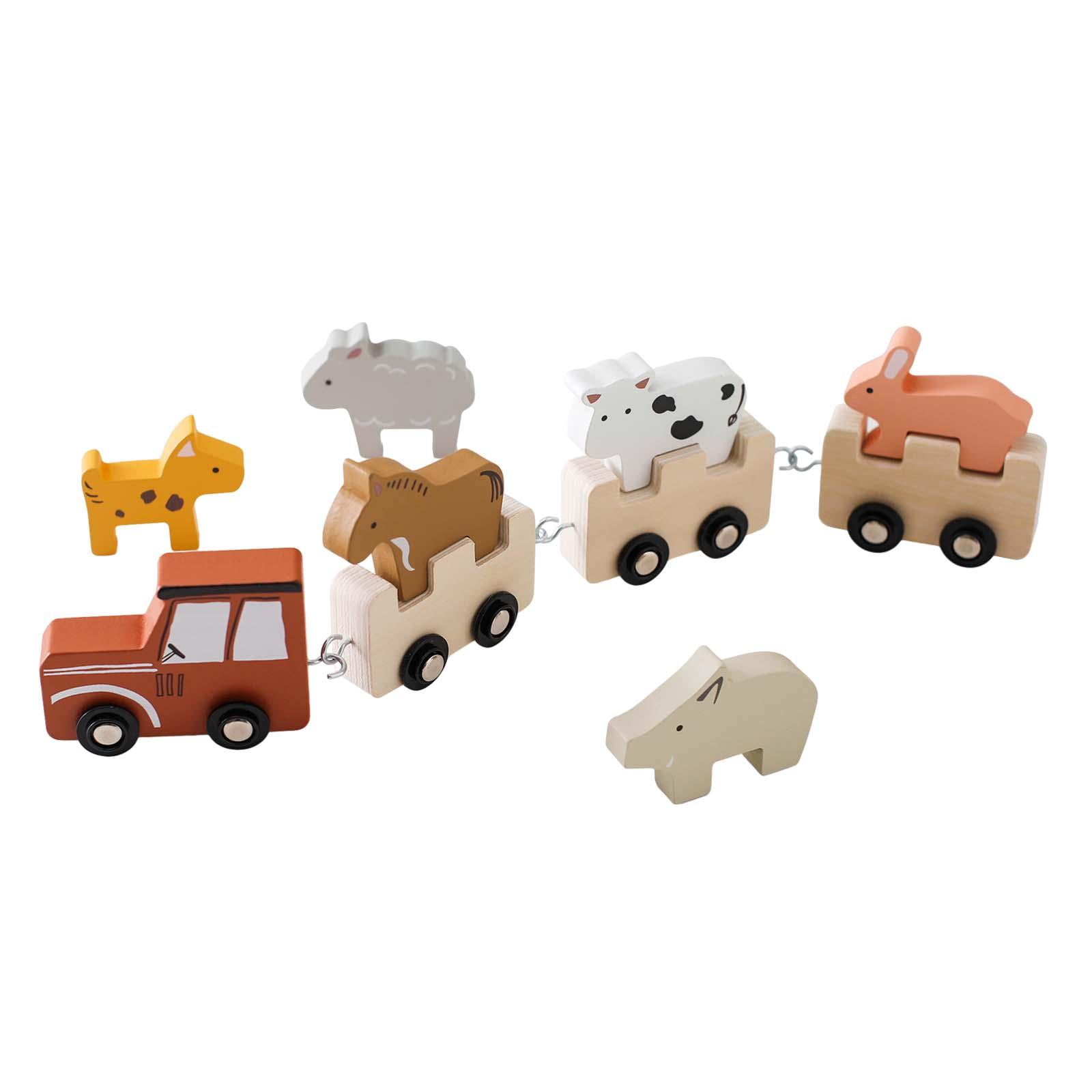 Bunblic Wooden Farm Animal Train Set Animal Farm Train Educational Toy Car Stacking Toy Montessori for Girl Toys Kids Birthday Gift