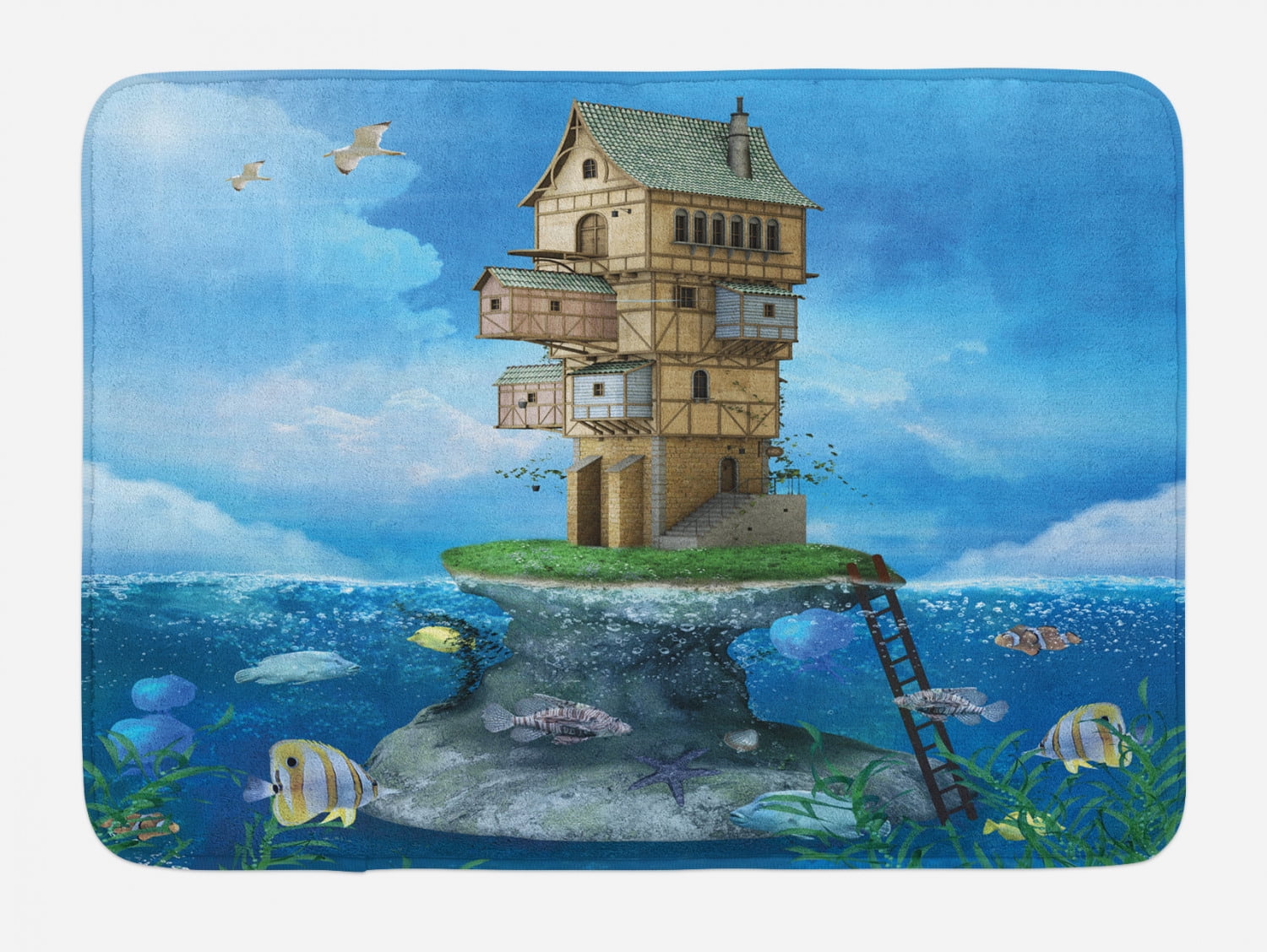 Cartoon Bath Mat, Fantasy Fisherman House Fairytale Underwater Life ...