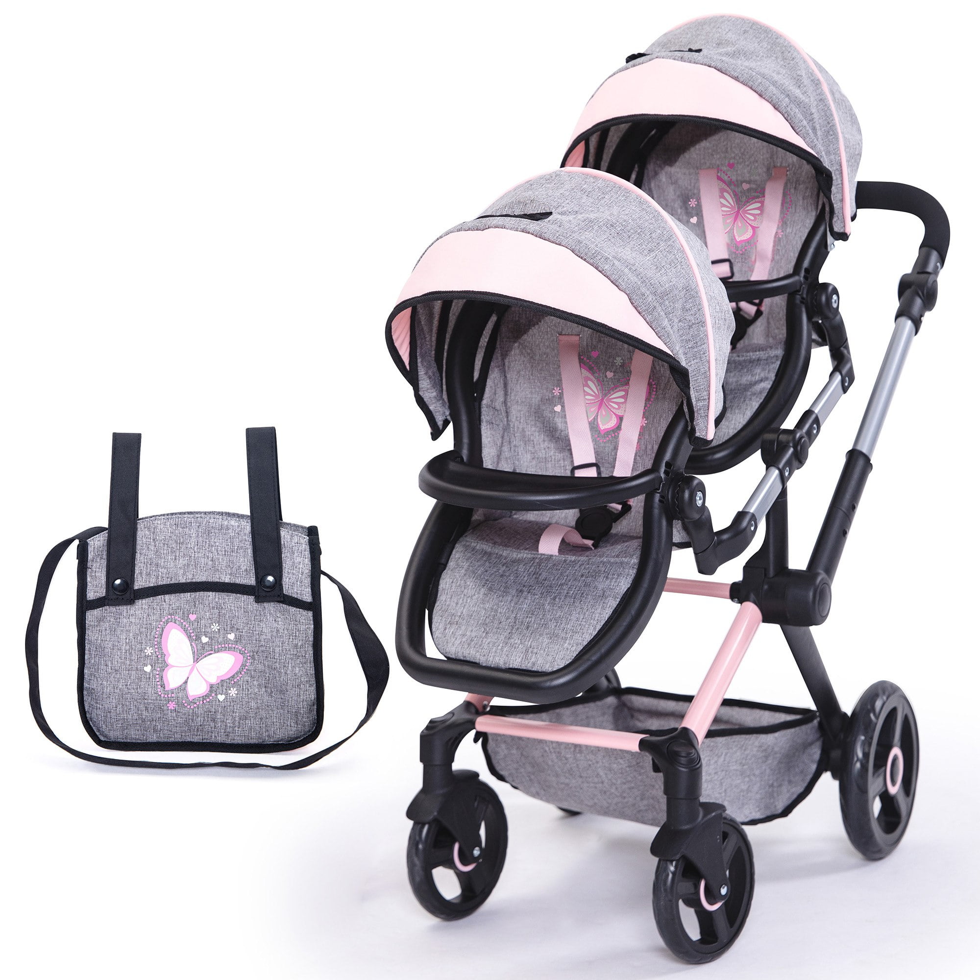 Bayer Design Dolls: Xeo Twin Pram - Butterfly Grey & Pink - Matching ...