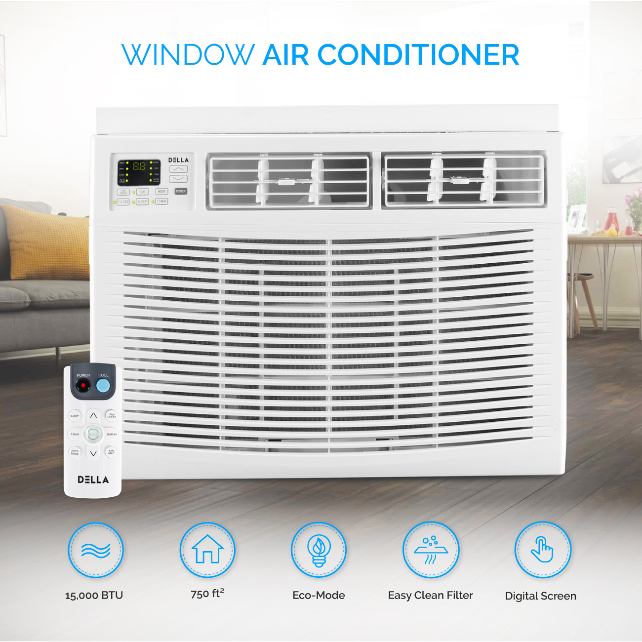 DELLA Mini Compact Window Mounted Air Conditioner 15000 BTUs White 115V ...