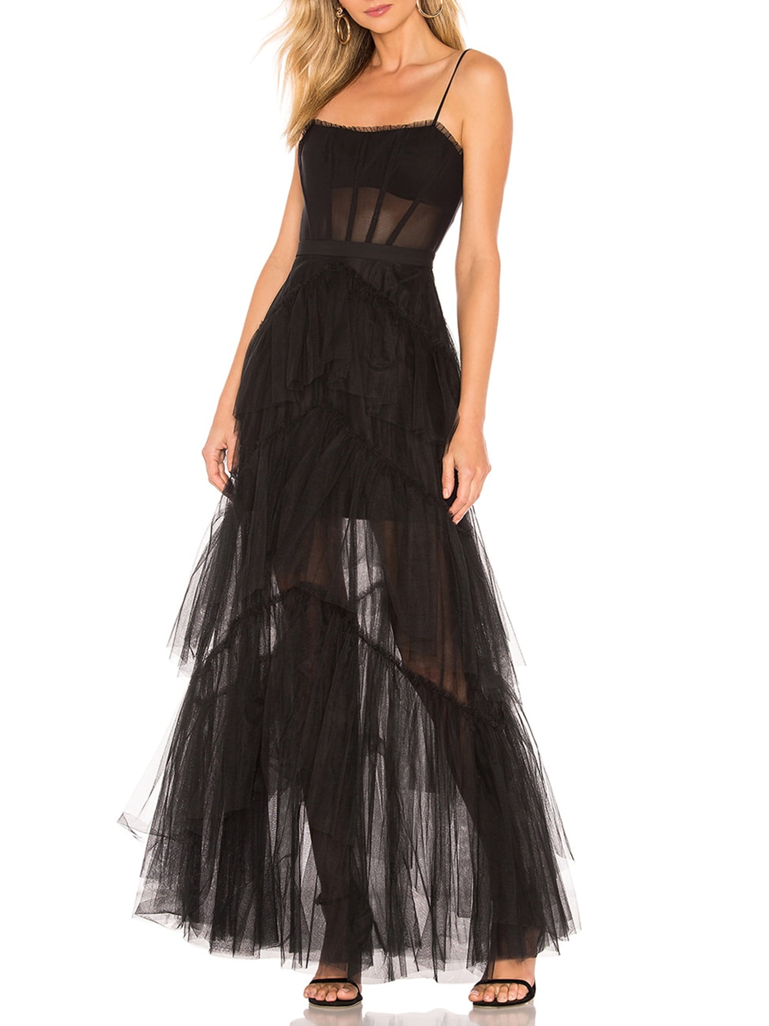 Women Sleeveless Tulle Corset Dress Layered Ruffle Hem Mesh Long Dress ...