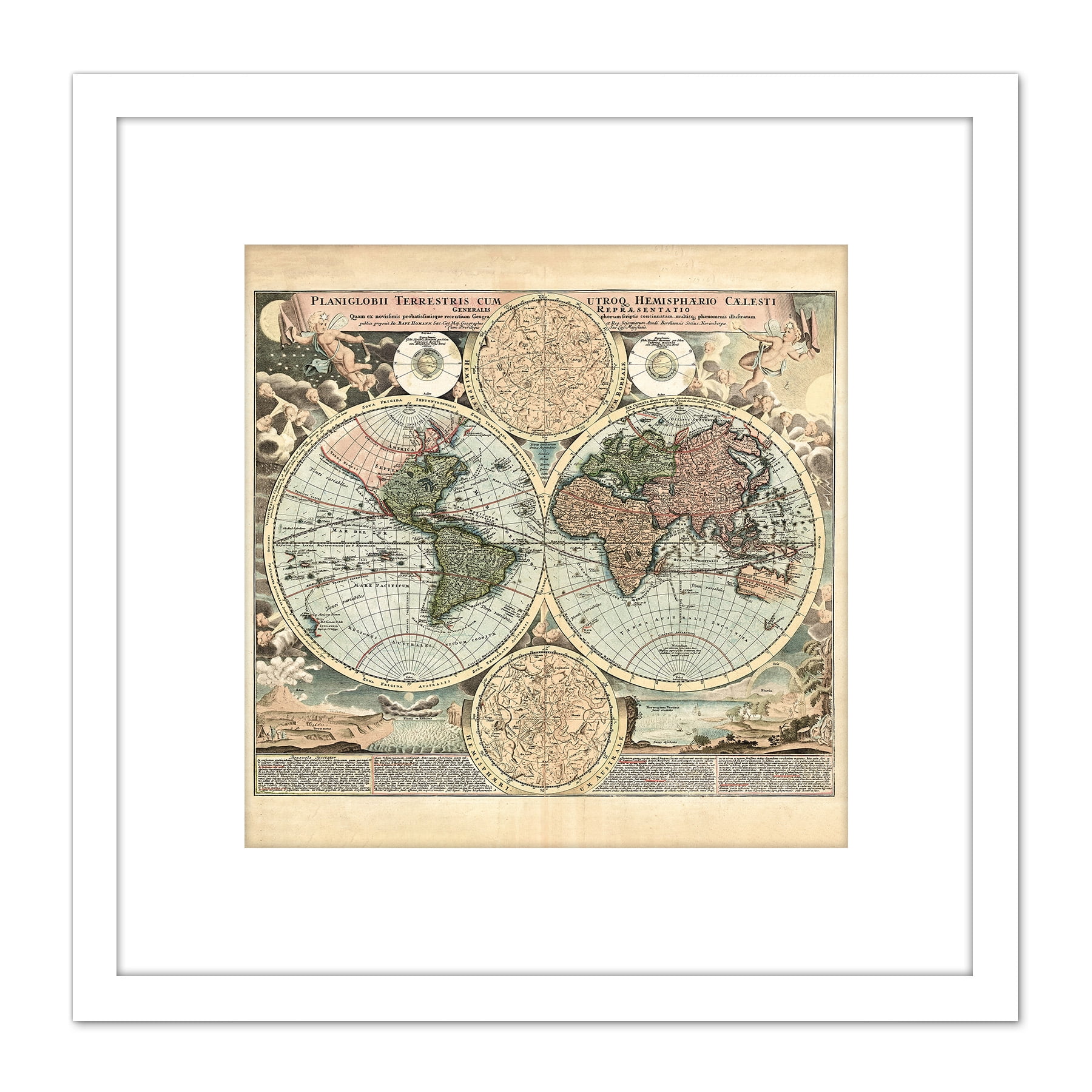 Map Antique Homann 1716 Earth Hemispheres Old Replica 8X8 Inch Square ...