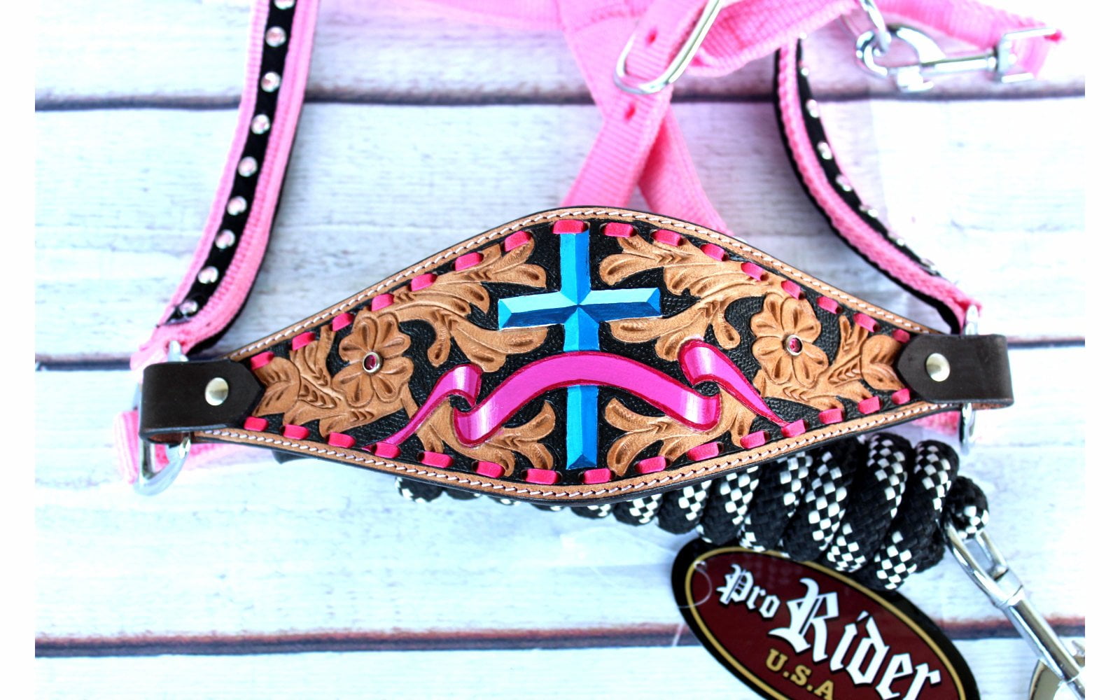 Noseband Tack Bronc Leather HALTER Tiedown Lead Rope Cross 280638 ...