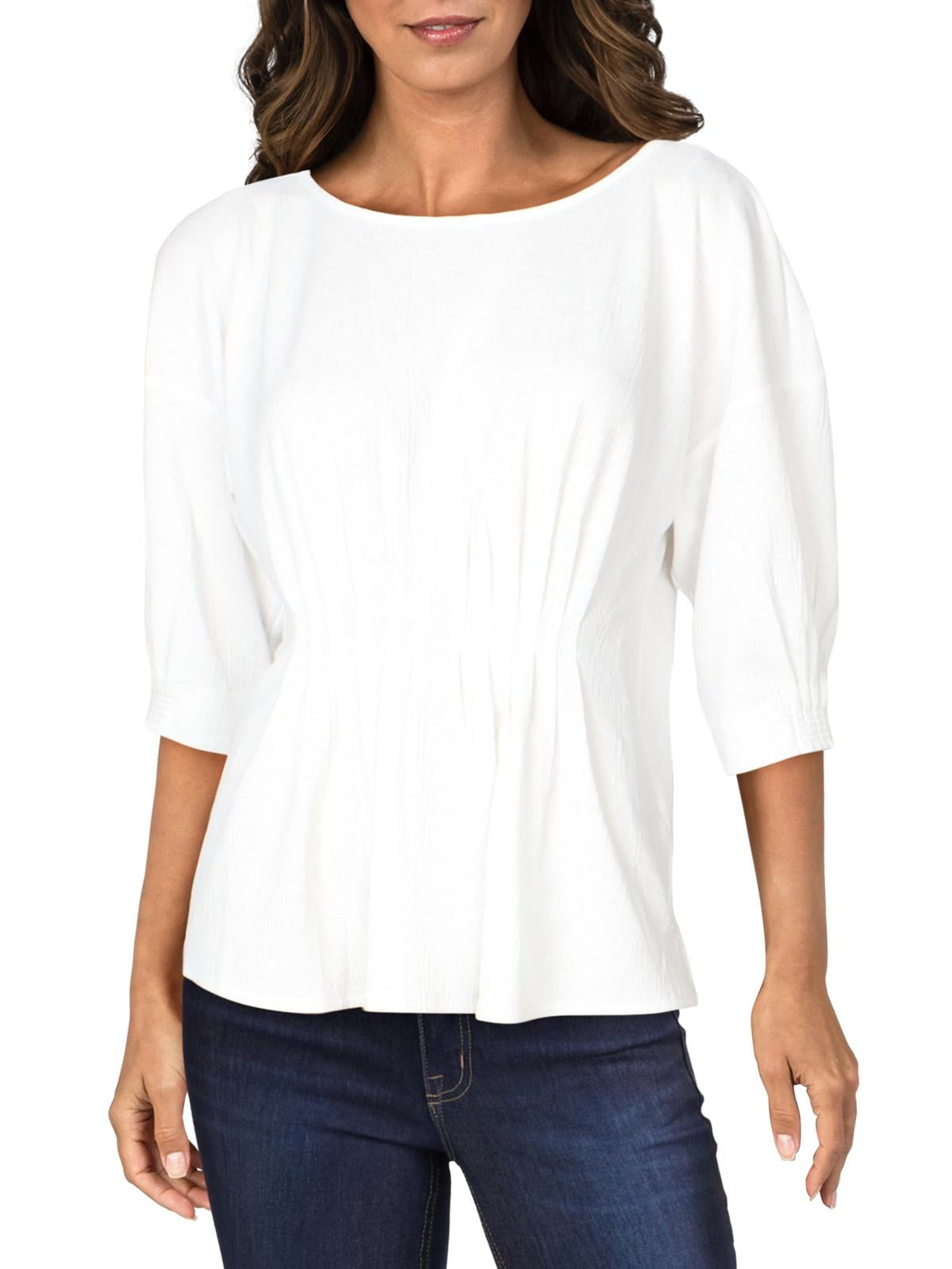 Alfani Womens Pleated Elbow Sleeves Blouse White Xl