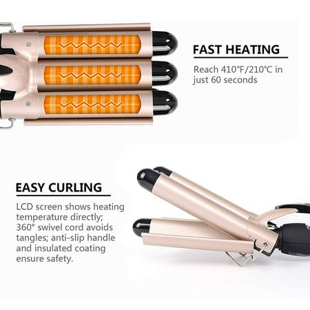 3 Barrel Curling Iron Wand Dual Voltage Hair Crimper -Ceramic Tourmaline Triple Barrels ...
