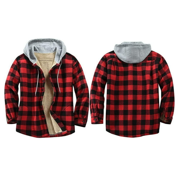 EGNMCR Jackets for Men Men's Coat New Flannel Plaid Long Sleeve Hooded ...