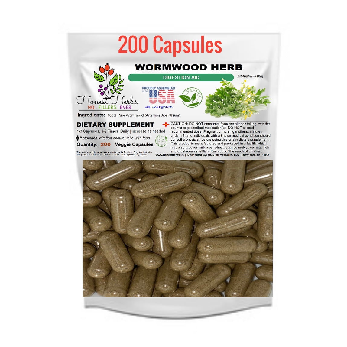 Wormwood Herb Caps - No Fillers - Wild Crafted - Dried Herbal Worm Wood ...