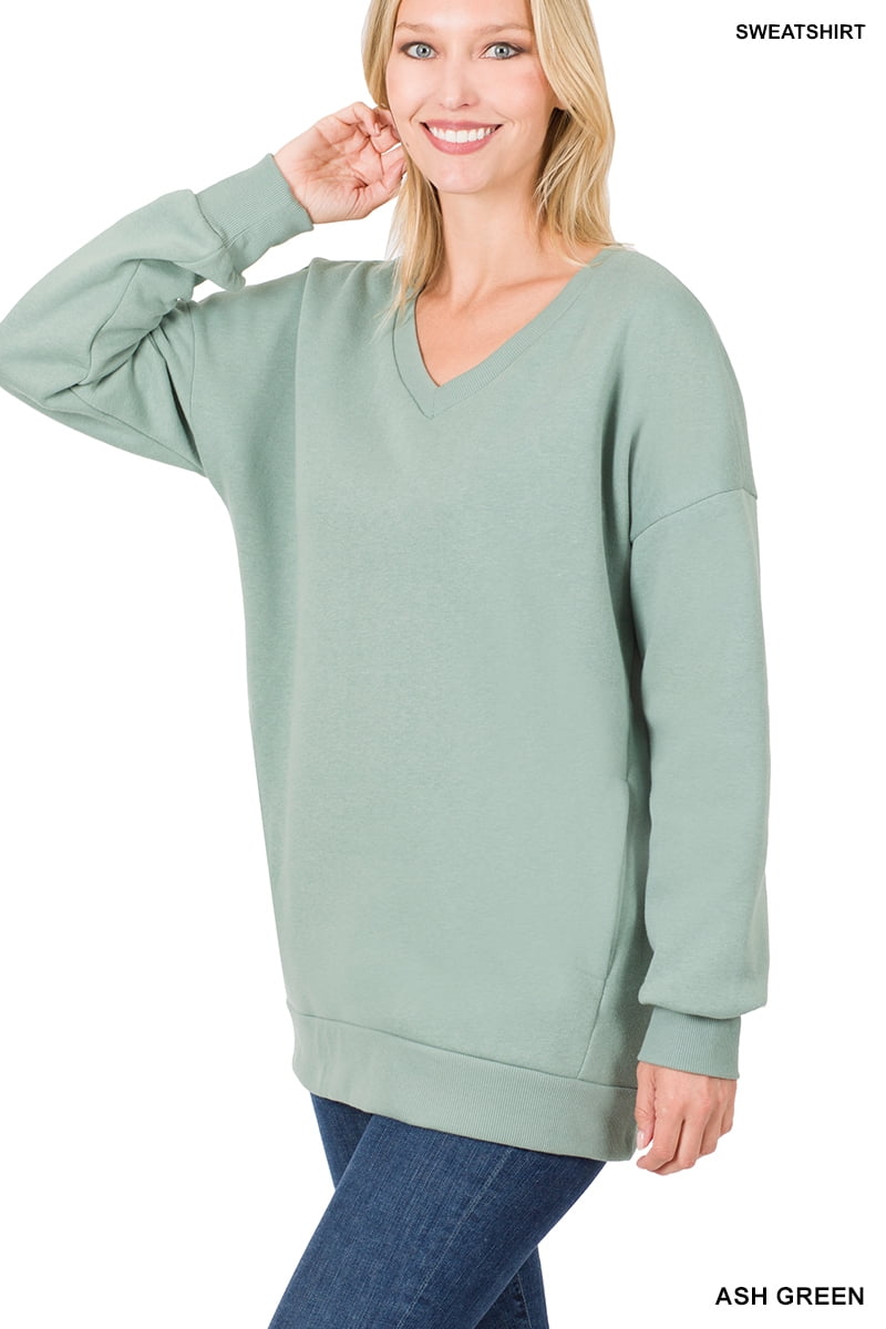 Zenana Women & Plus Basic Relaxed Long Sleeve V-Neck Sweatshirts w/Side ...