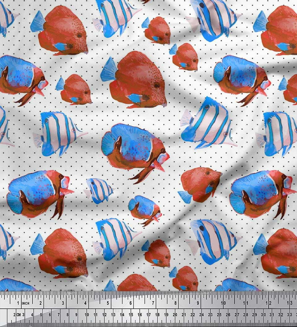 Soimoi Satin Silk Fabric Dot & Fish Ocean Printed Fabric 1 Yard 42 Inch ...
