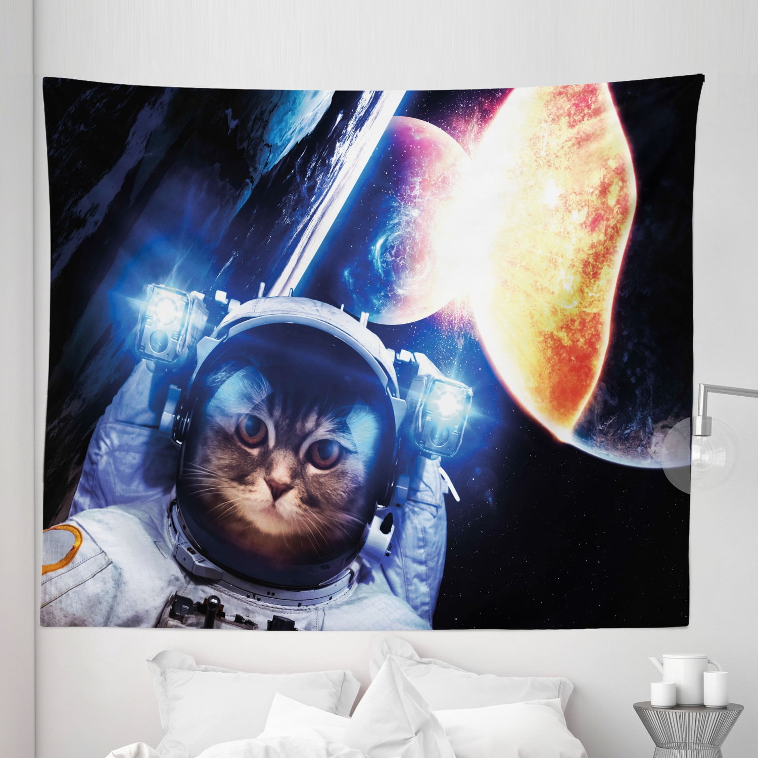 Space Cat Tapestry, Kitten in Suit Planets Nebula Supernova Eclipse Art ...