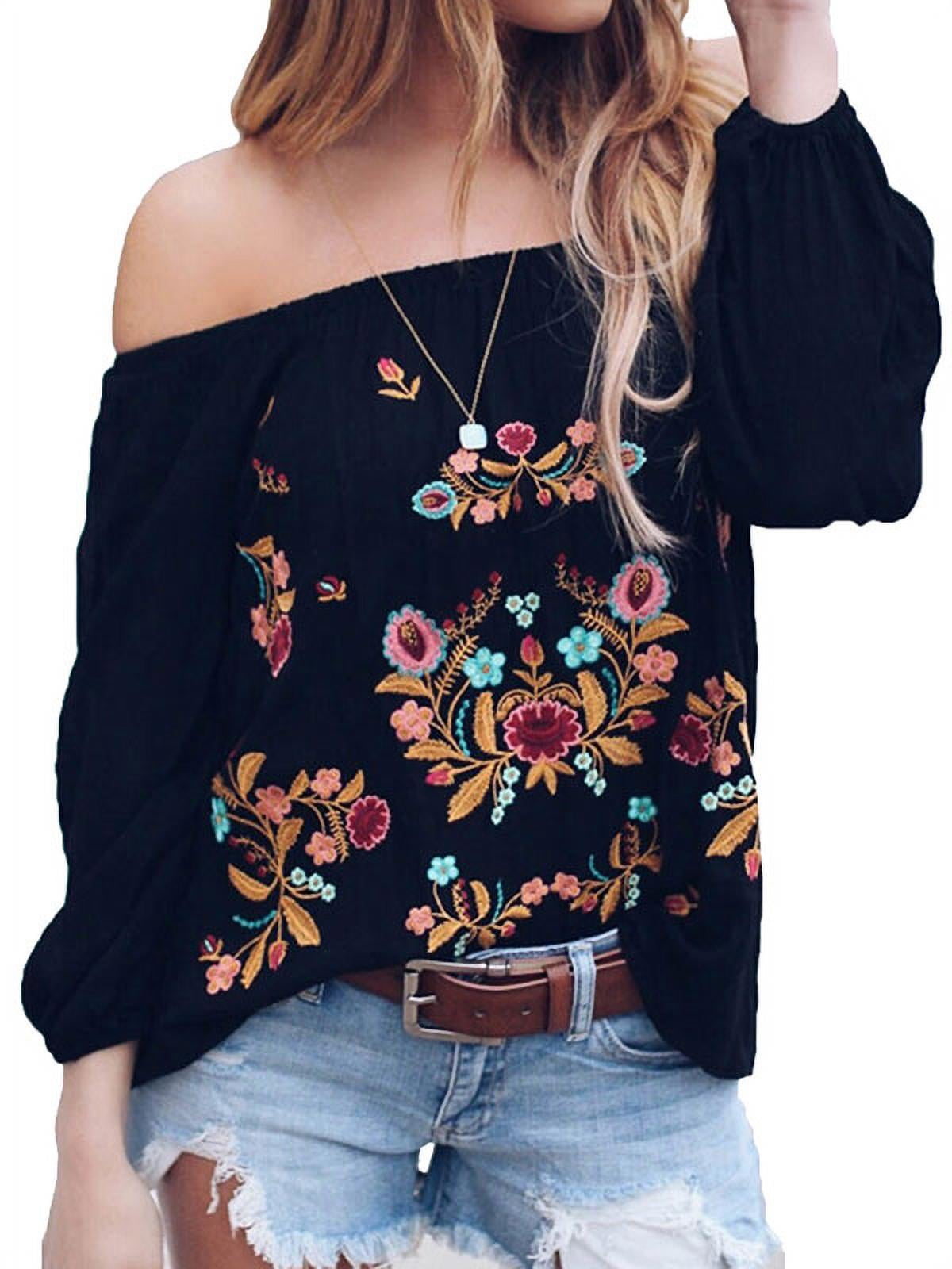 Women Long Sleeve Off the Shoulder Floral Shirt Tops - Walmart.com