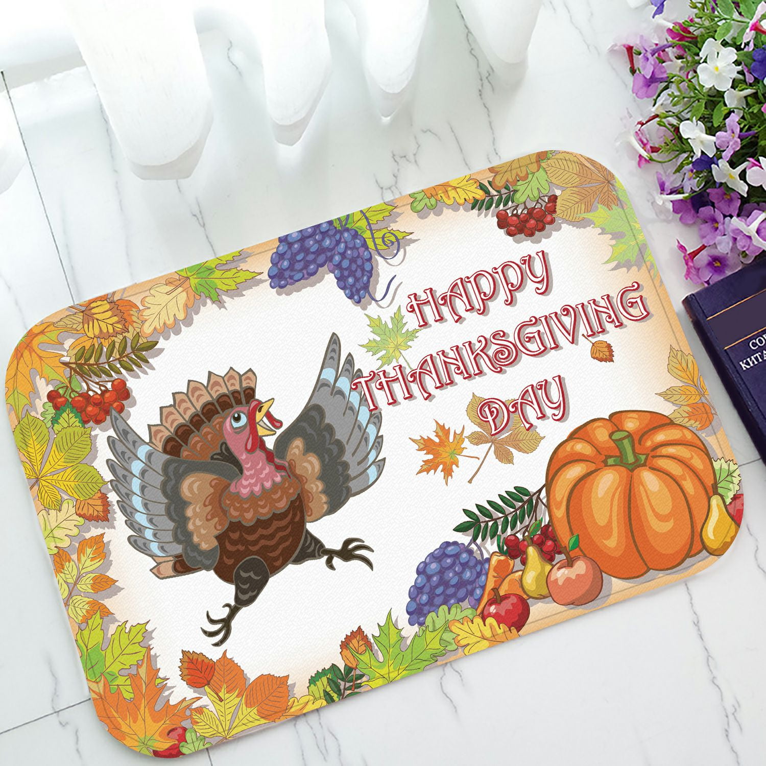 PHFZK Harvest Doormat, Happy Thanksgiving Turkey with Pumpkin Doormat ...