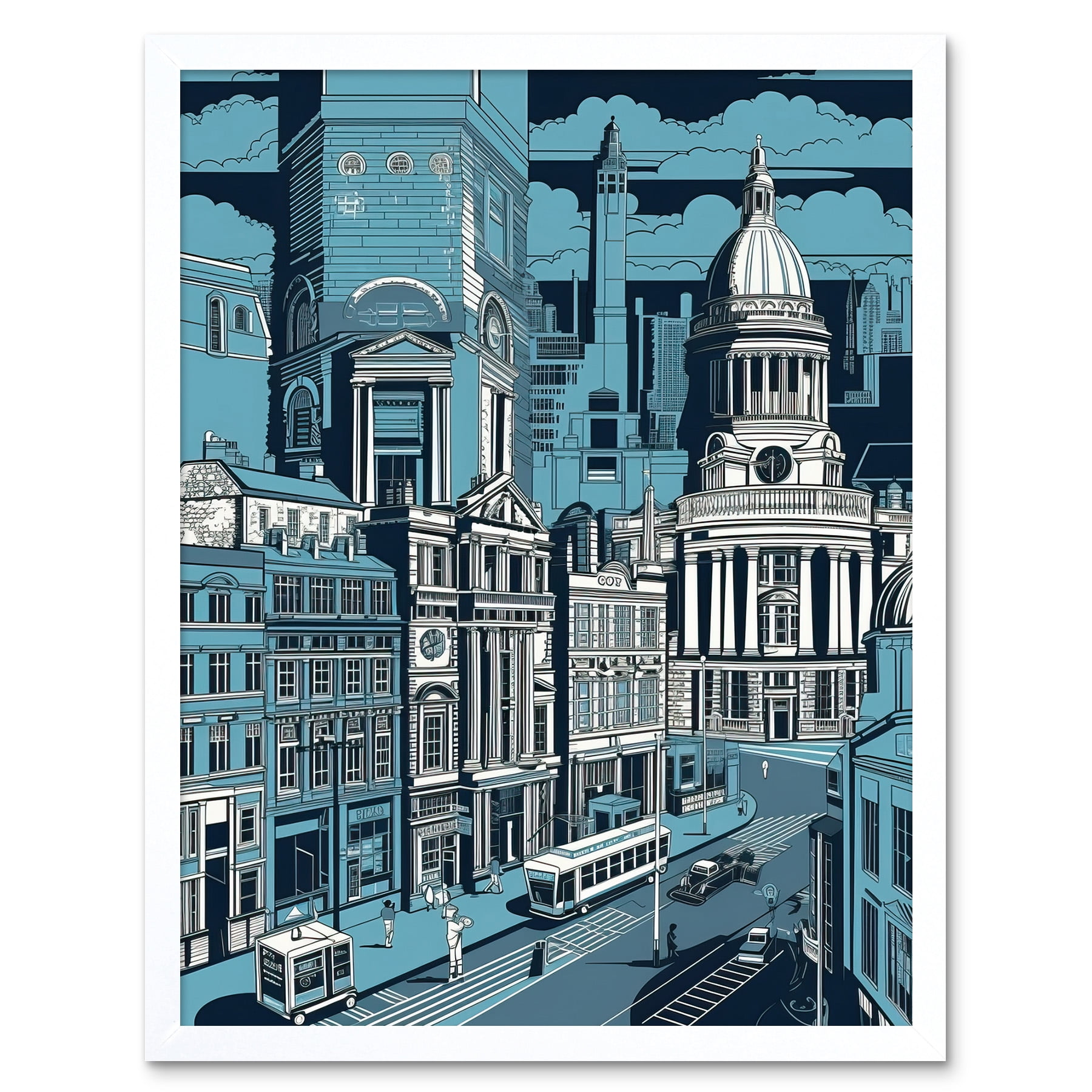 Belfast Cityscape City Centre Hall Linocut Style Art Print Framed ...