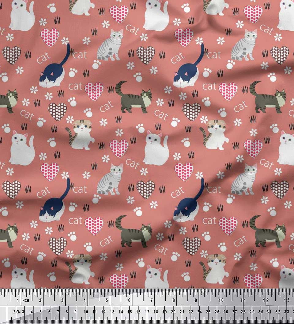 Soimoi Rayon Crepe Fabric Heart,Footprint & Cat Animal Print Fabric by ...