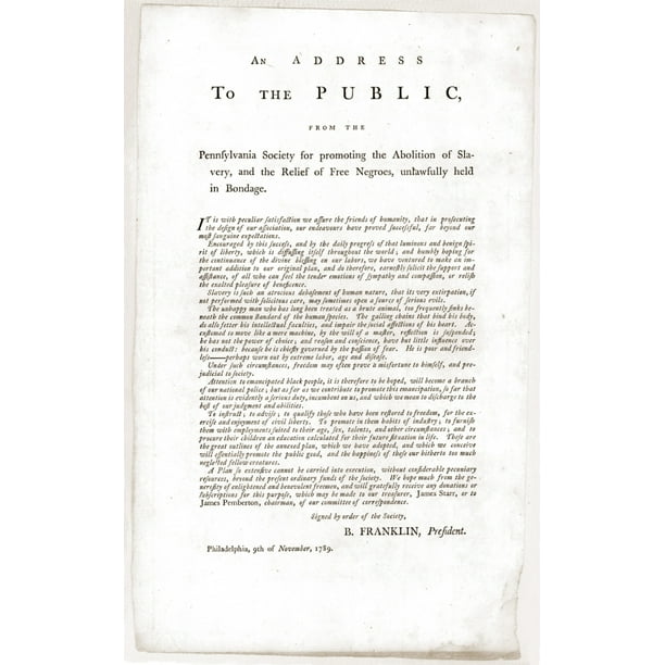 Abolitionist Address By Benjamin Franklin. As President Of The ...