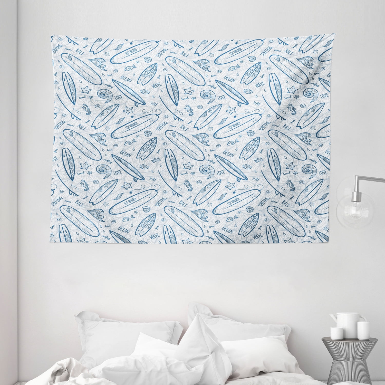 Surfboard Tapestry, Doodle Surfing Boards Ocean Waves and Starfishes ...