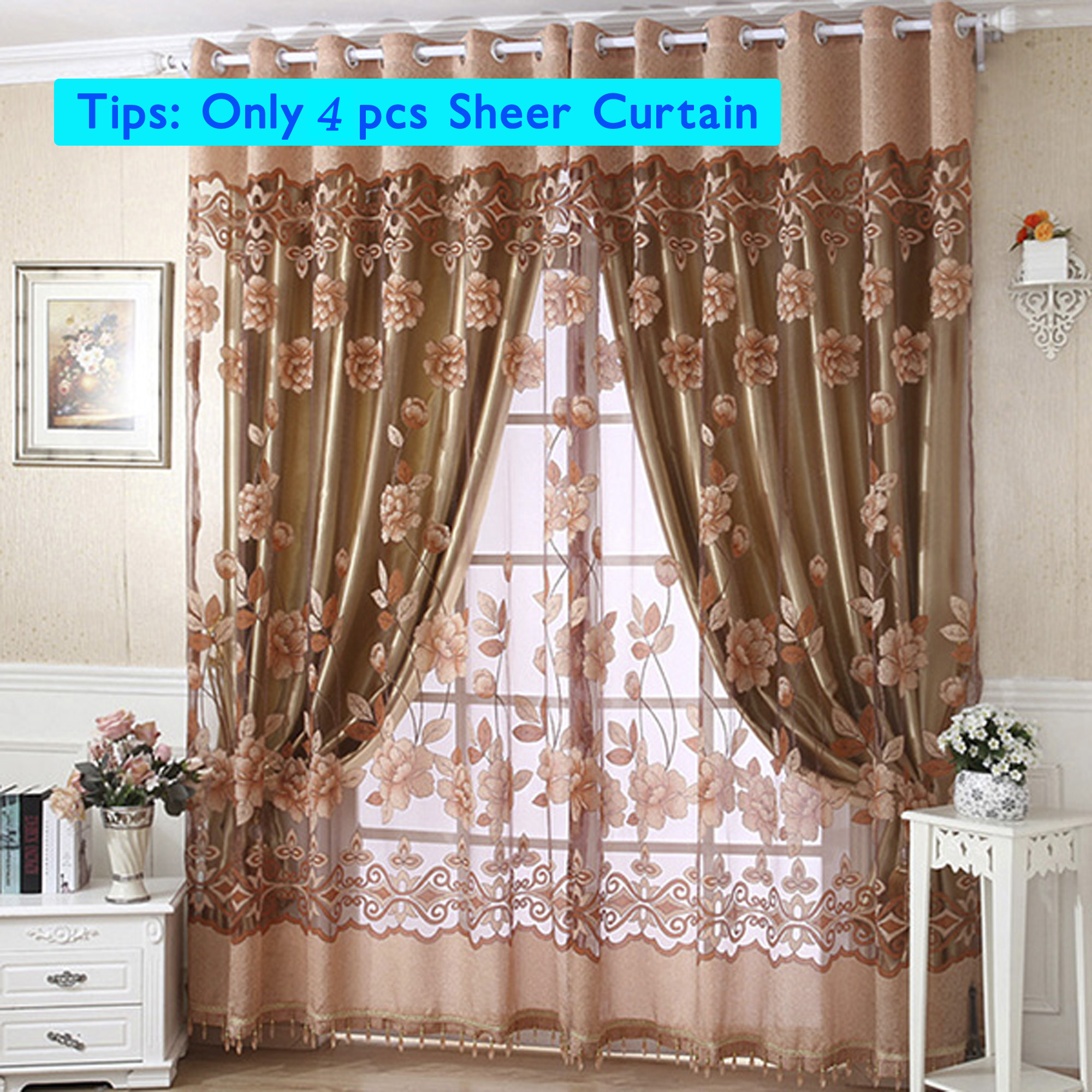 SAYFUT 4 Panels Window Curtain Floral Sheers Voile Drapes With Beads ...