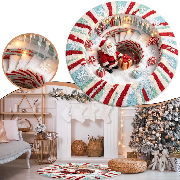 Christmas 3D Rug, Xmas Optical Illusion Rugs, Cute Round Floor Carpet ...