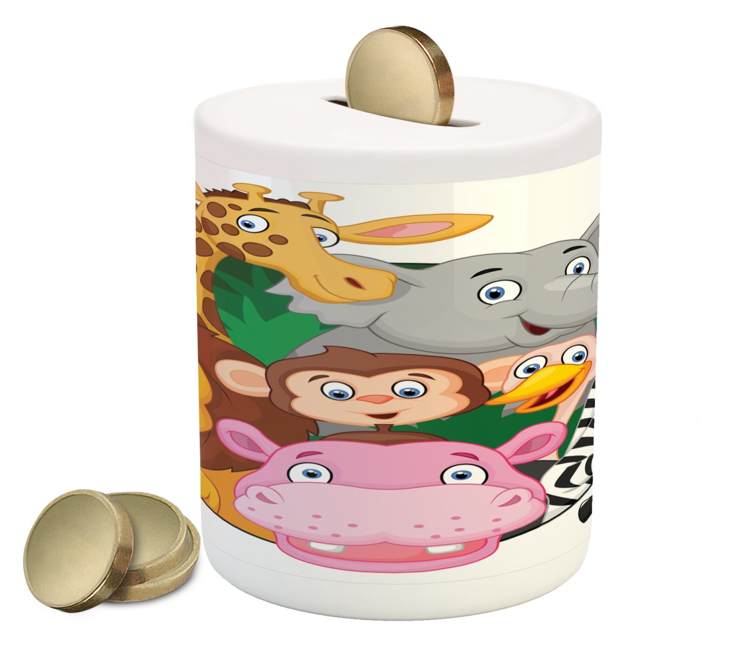 Cartoon Piggy Bank, Exotic Safari Animals All Together Comic Creature ...