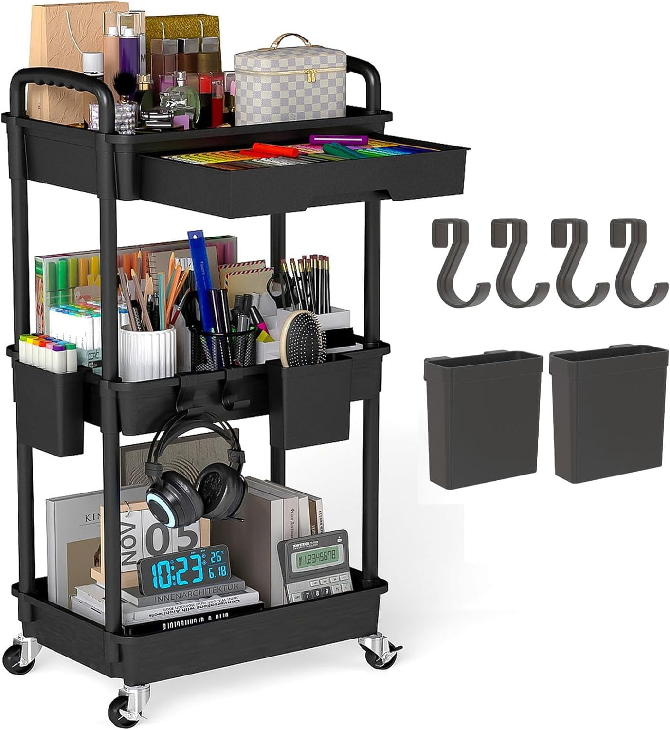 LLMRR 3 Tier Rolling Utility Cart with Drawer, Cart with Drawer ...