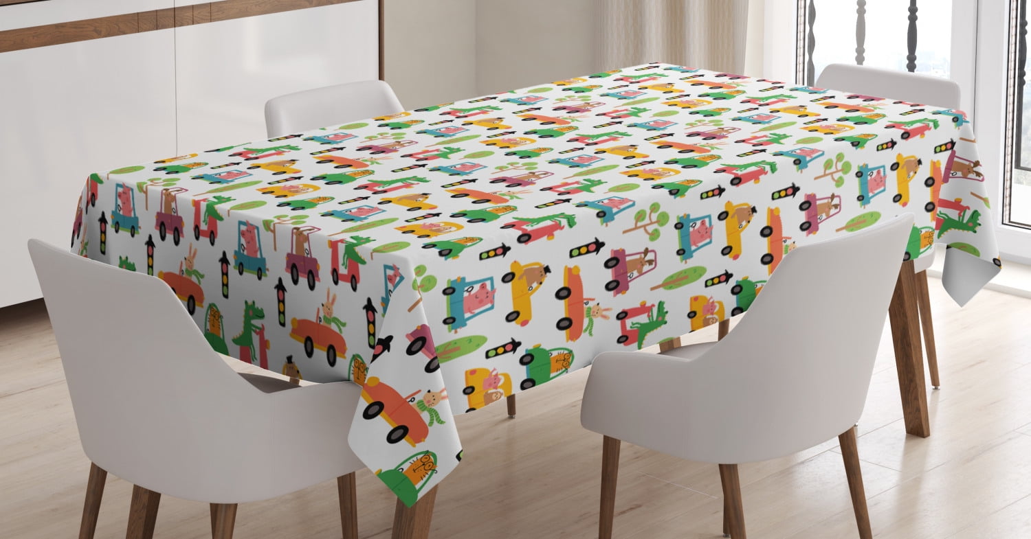 Educational Tablecloth, Nursery Cartoon with Animals in Cars Funny ...