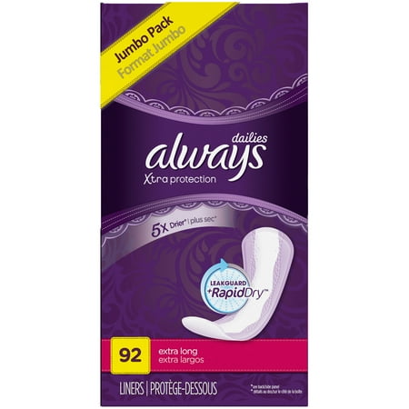 Always Xtra Protection Dailies Extra Long Panty Liners, Unscented, 92 ...