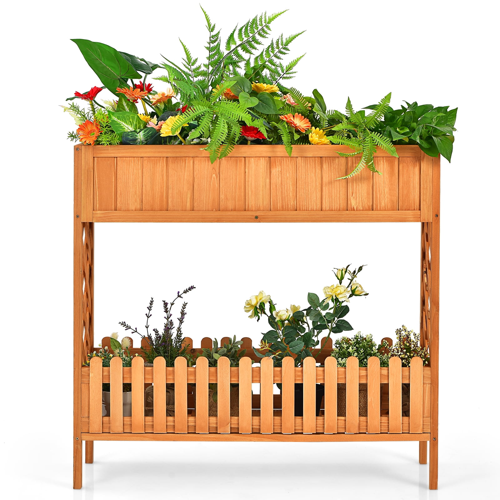 Topbuy Outdoor 2-Tier Wood Planter Raised Garden Bed Elevated Planter ...