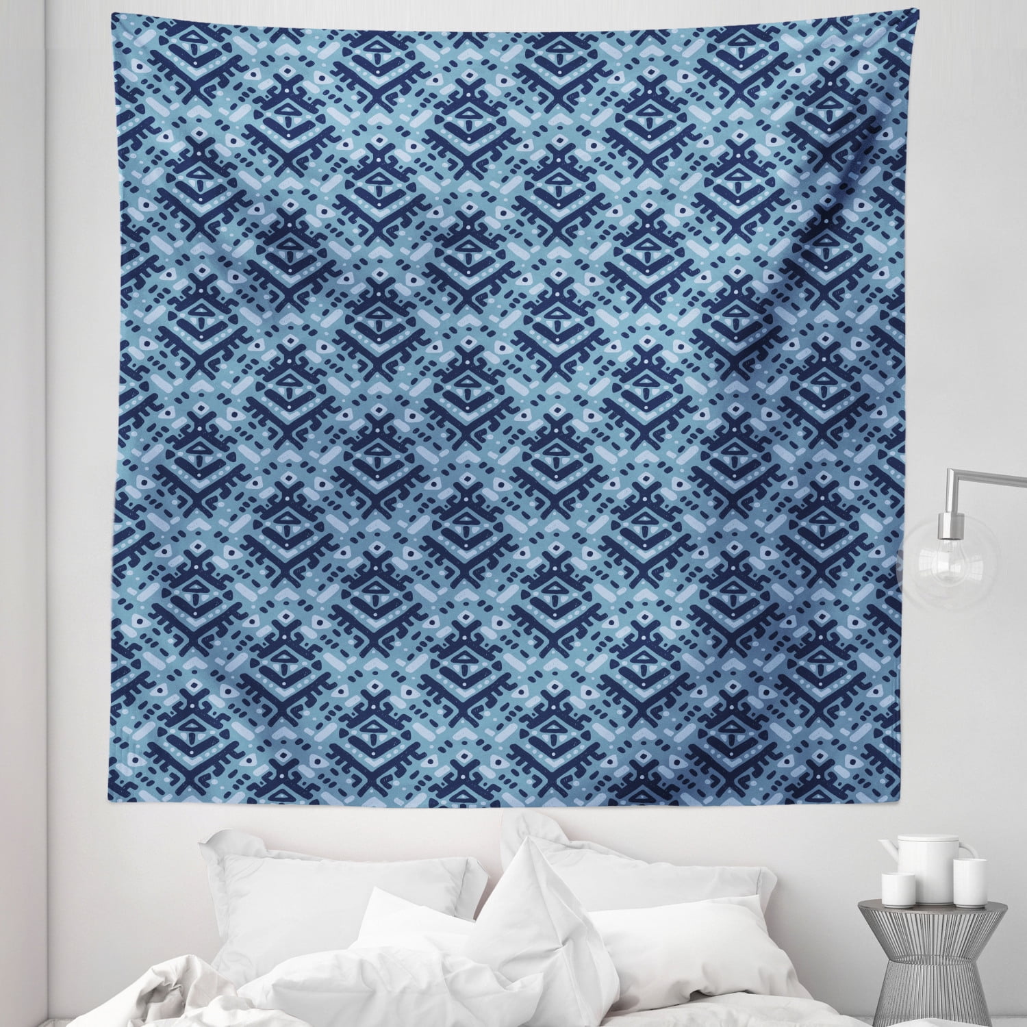 Folk Tapestry, Abstract Blue Tone Monochrome Design Tribal Ornament ...
