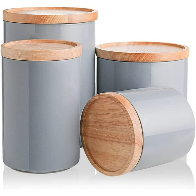 4-Piece Ceramic Kitchen Canisters Set with Airtight Seal Wooden Lid For ...