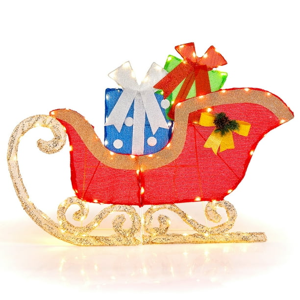 Gymax Lighted Christmas Sleigh Decoration 4 FT Pre-lit Xmas Sleigh w ...