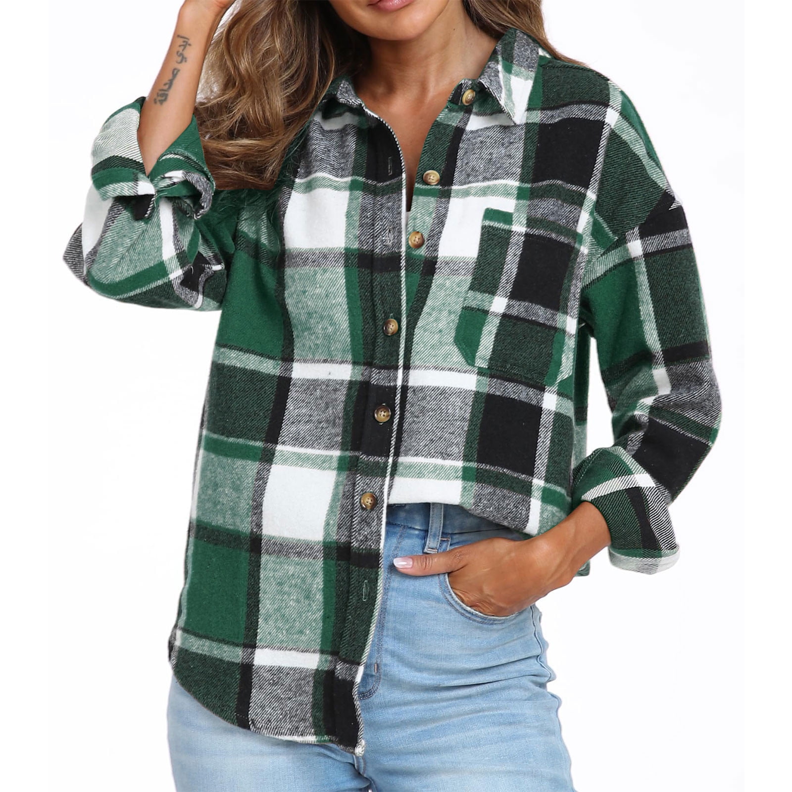 Click here for Kihout Womens Plaid Flannel Shacket - Lightweight... prices