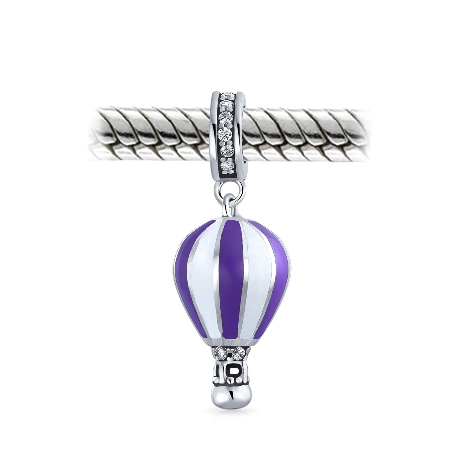 Purple Crystal Hot Air Balloon Dangle Charm Bead .925 Sterling Silver