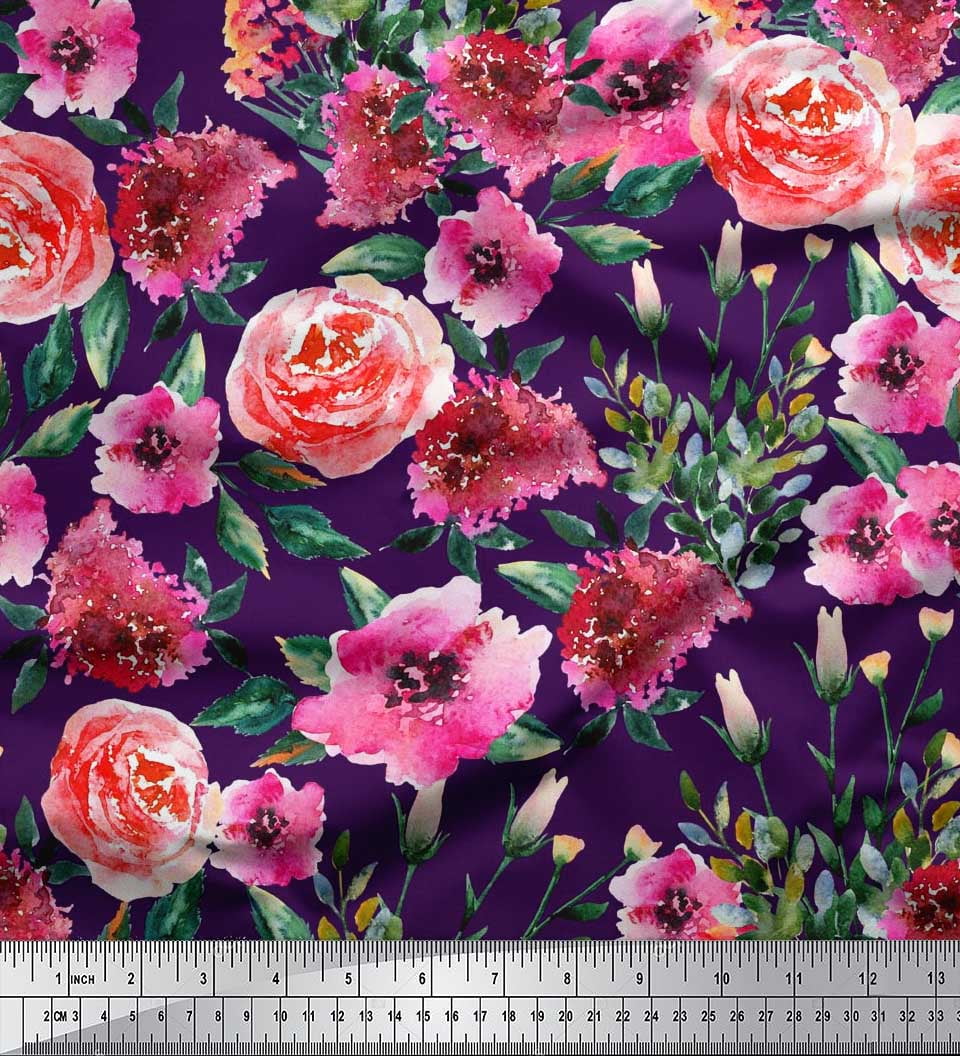 Soimoi Velvet Fabric Leaves & Rose Flower Fabric Prints By Yard 58 Inch ...