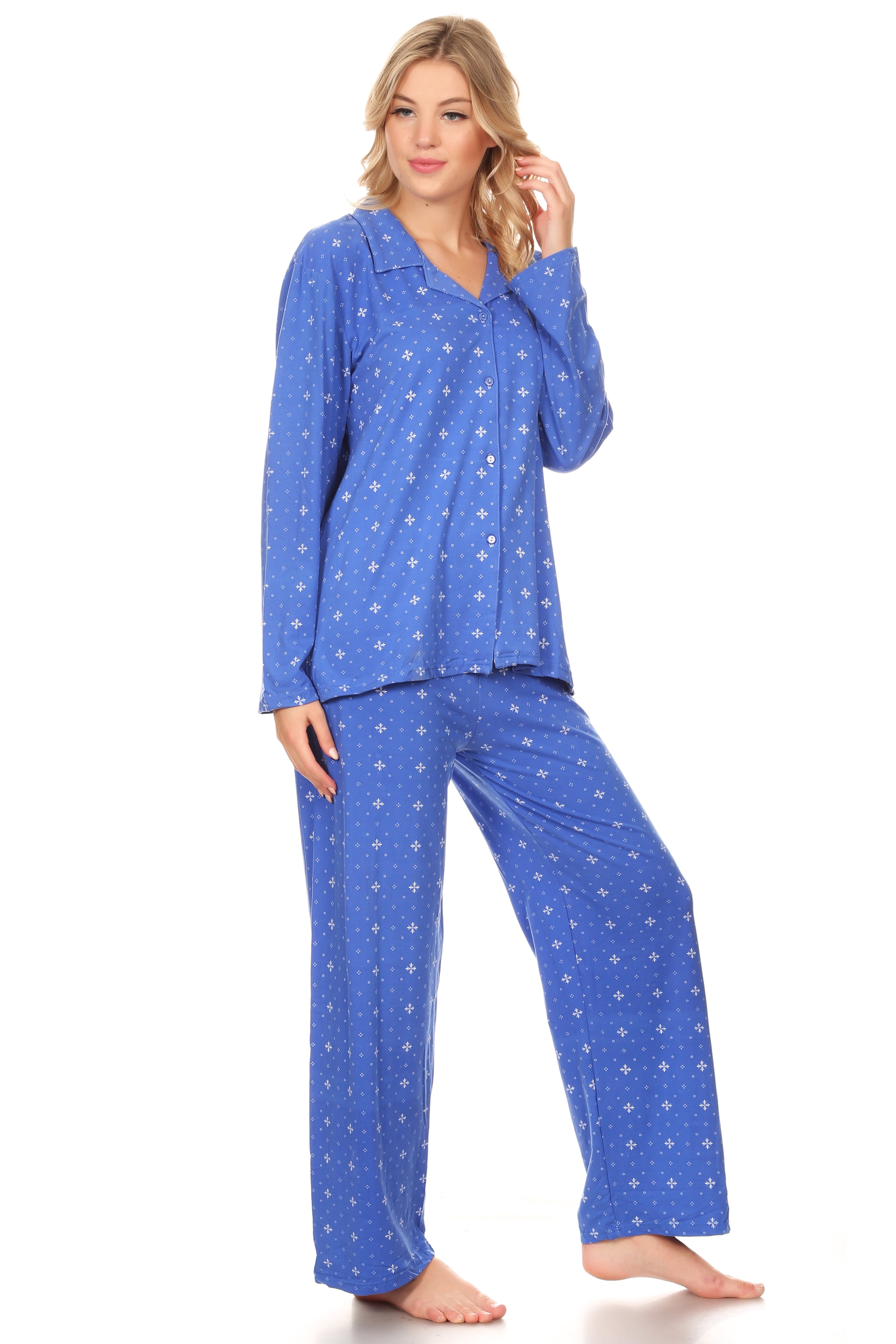 Z2152 Womens Sleepwear Pajamas Woman Long Sleeve Button Down Set Blue L