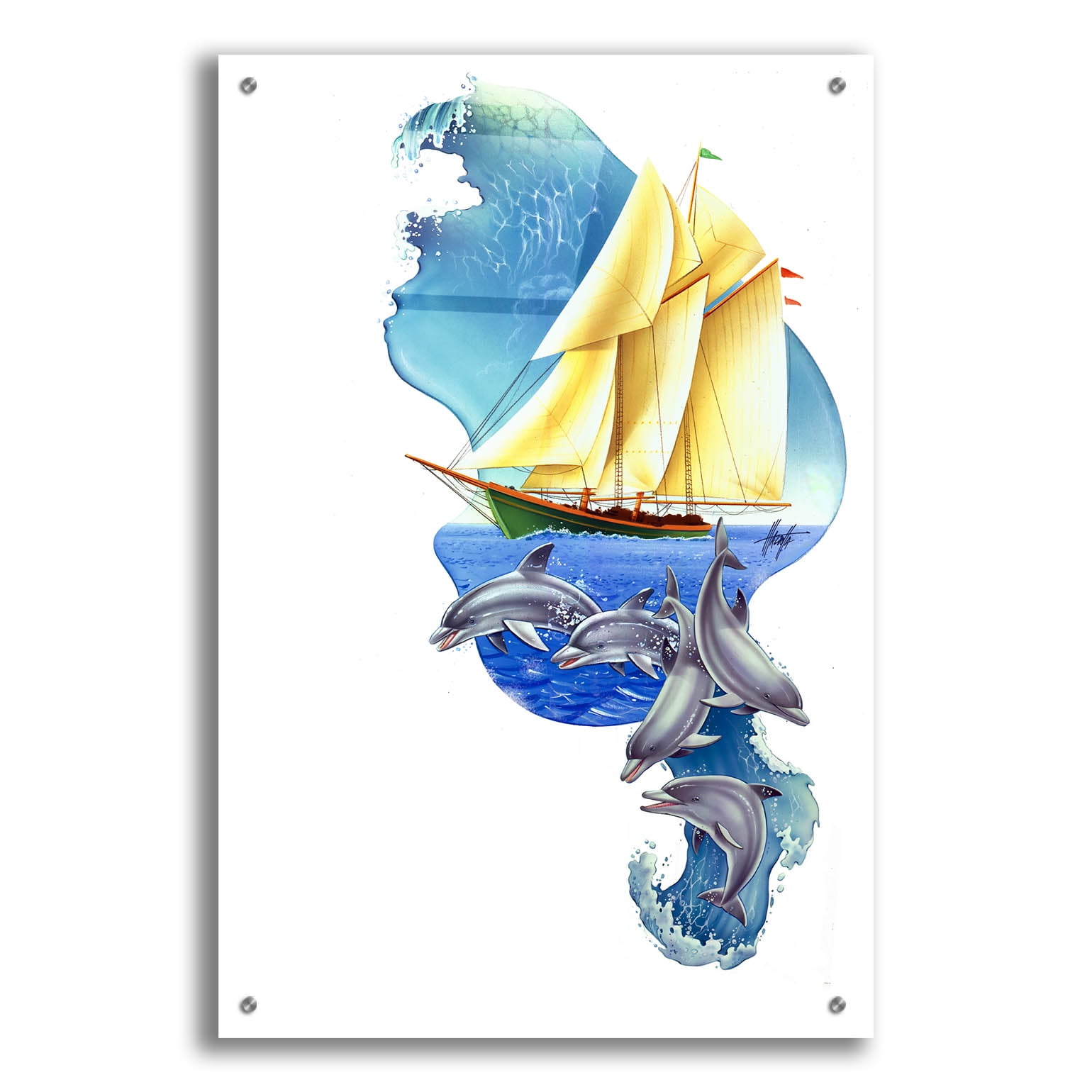 Epic Art 'Sailboat Dolphin Wave' by James Mazzotta, Acrylic Glass Wall ...