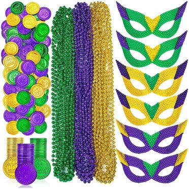200 Pcs Mardi Gras Plastic Coins and 24 Pcs Mardi Gras Necklace Mardi ...