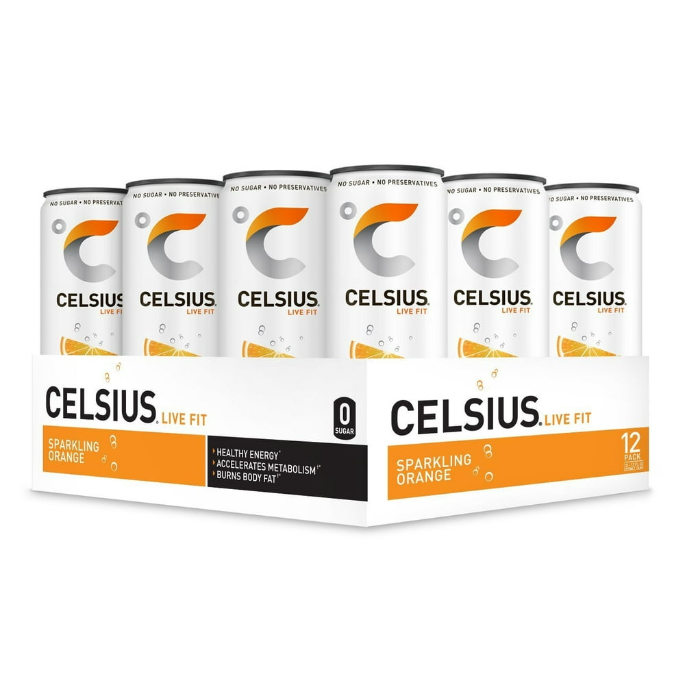 CELSIUS Sparkling Orange Fitness Drink, ZERO Sugar, 12oz. Slim Can, 12 ...