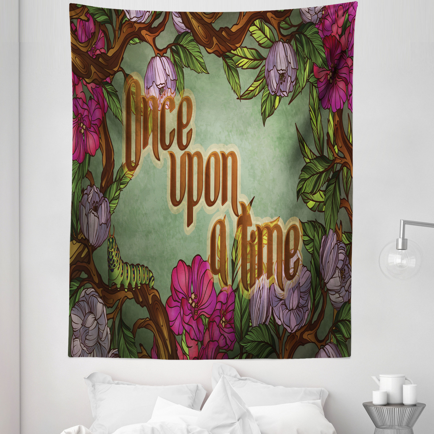 Once upon a Time Tapestry, Calligraphic Words with Blossoming Vintage ...