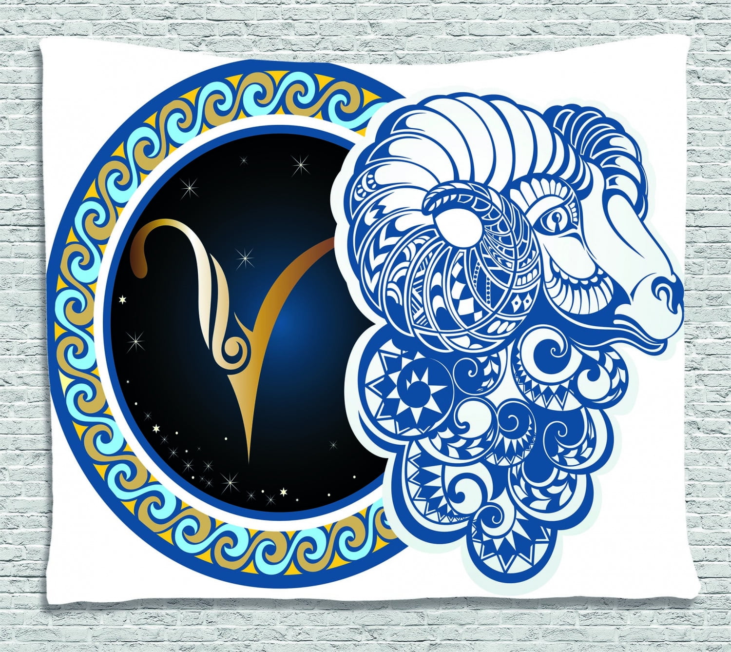 Zodiac Decor Tapestry, Astrological Aries Symbol with Horned Head Ram ...