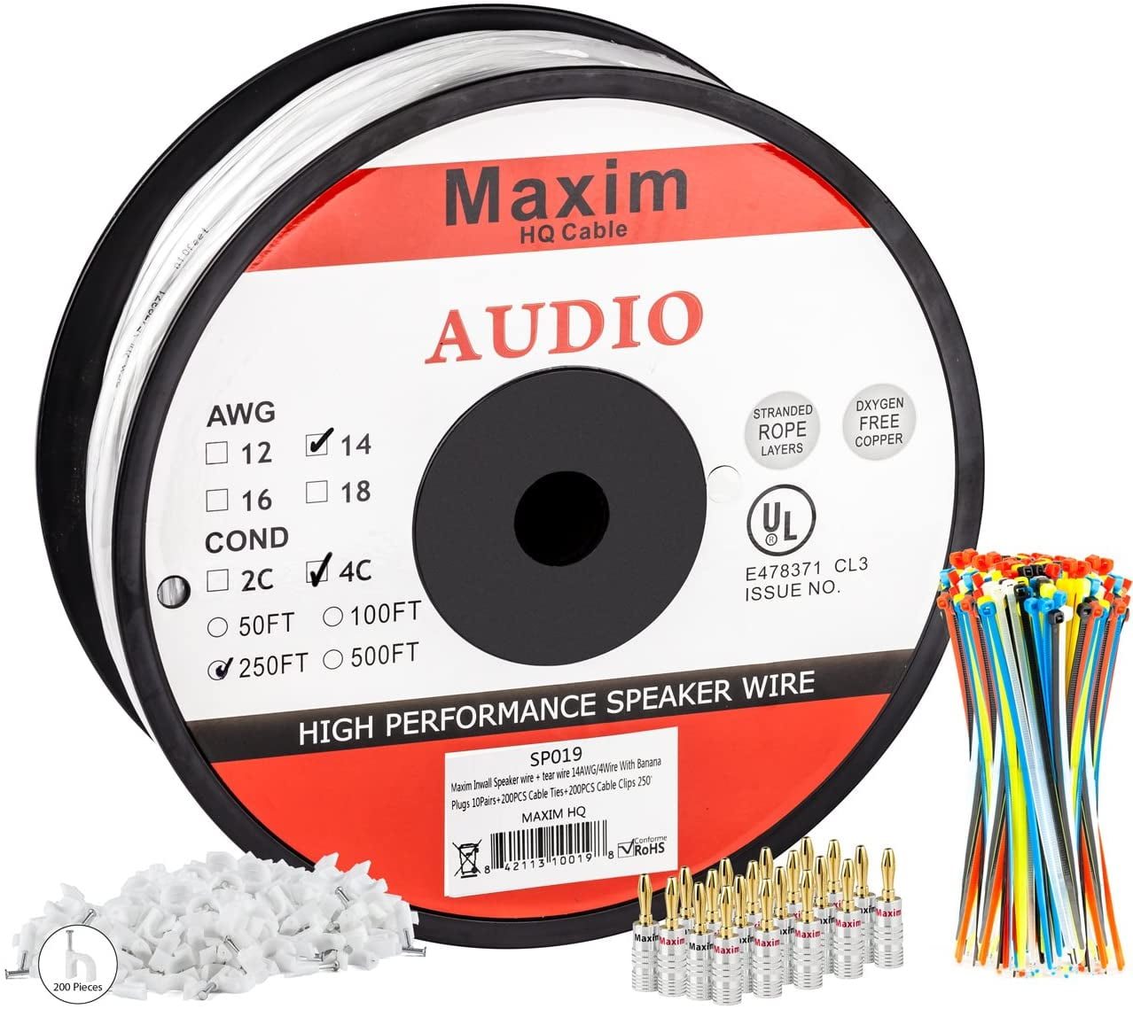 Maximm in Wall Speaker Wire - 250 Feet - 14AWG CL3 Rated 4-Conductor ...